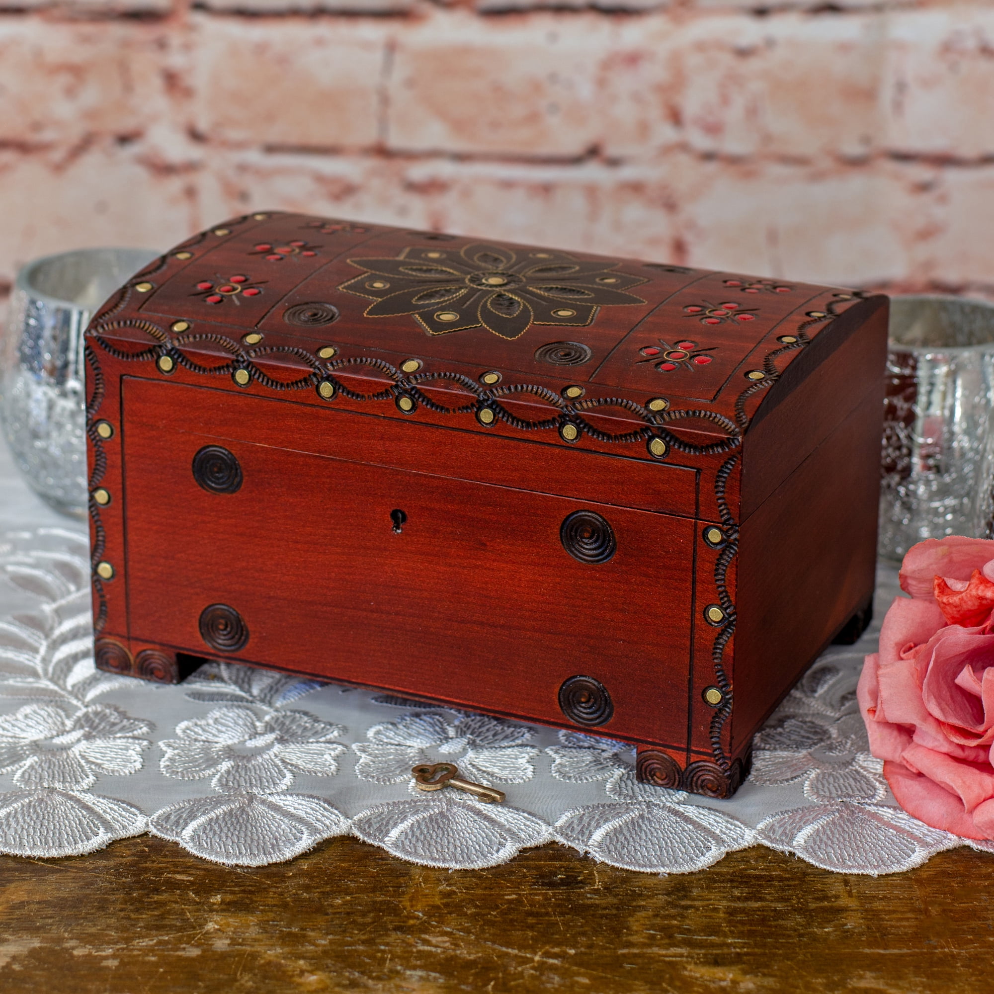 Old World Floral Pattern 8 x 4.5 Inch Wood Decorative Lock and Key Box ...