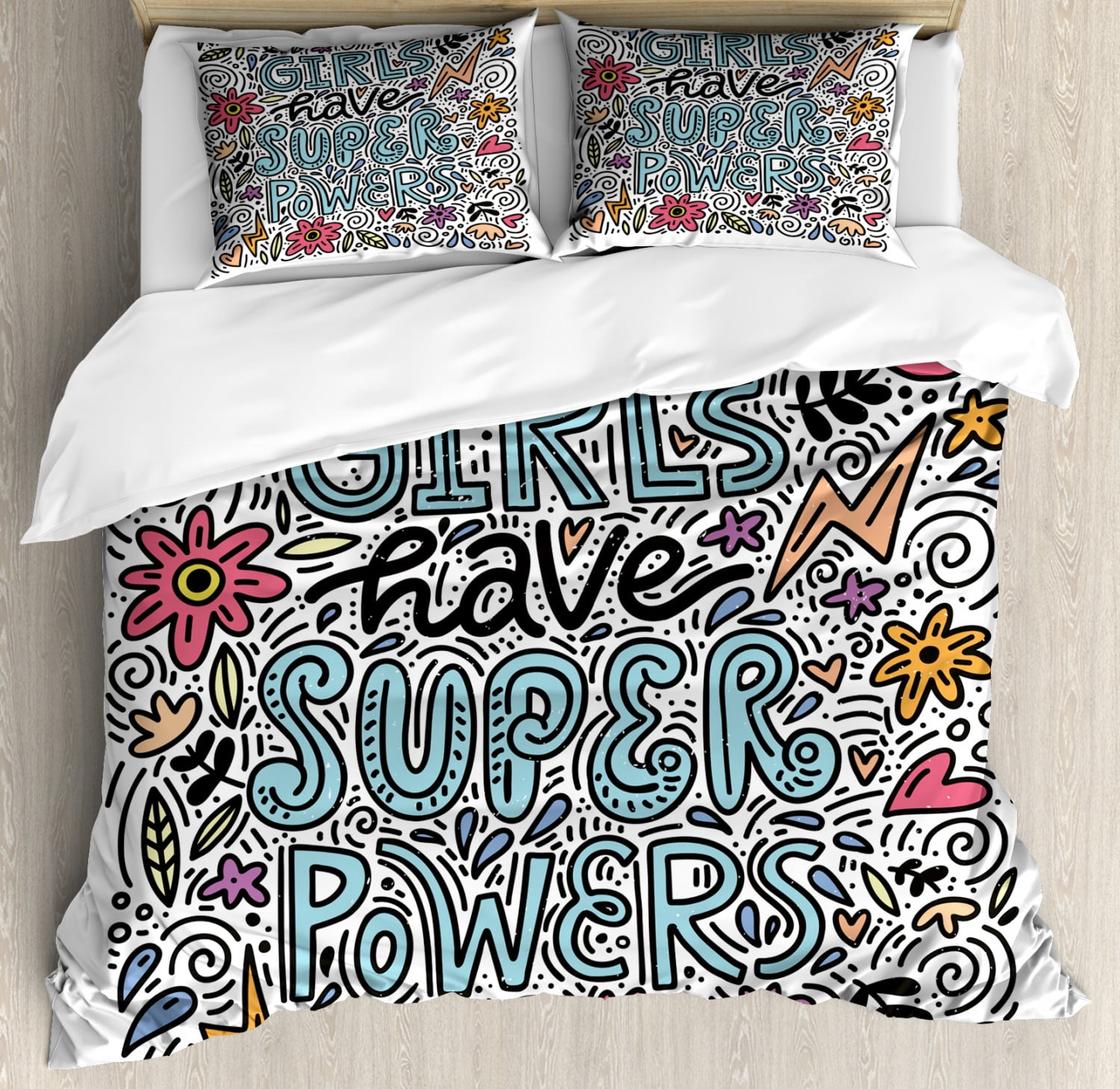 Girls Have Super Powers Duvet Cover Set Queen Size, Floral Design with ...