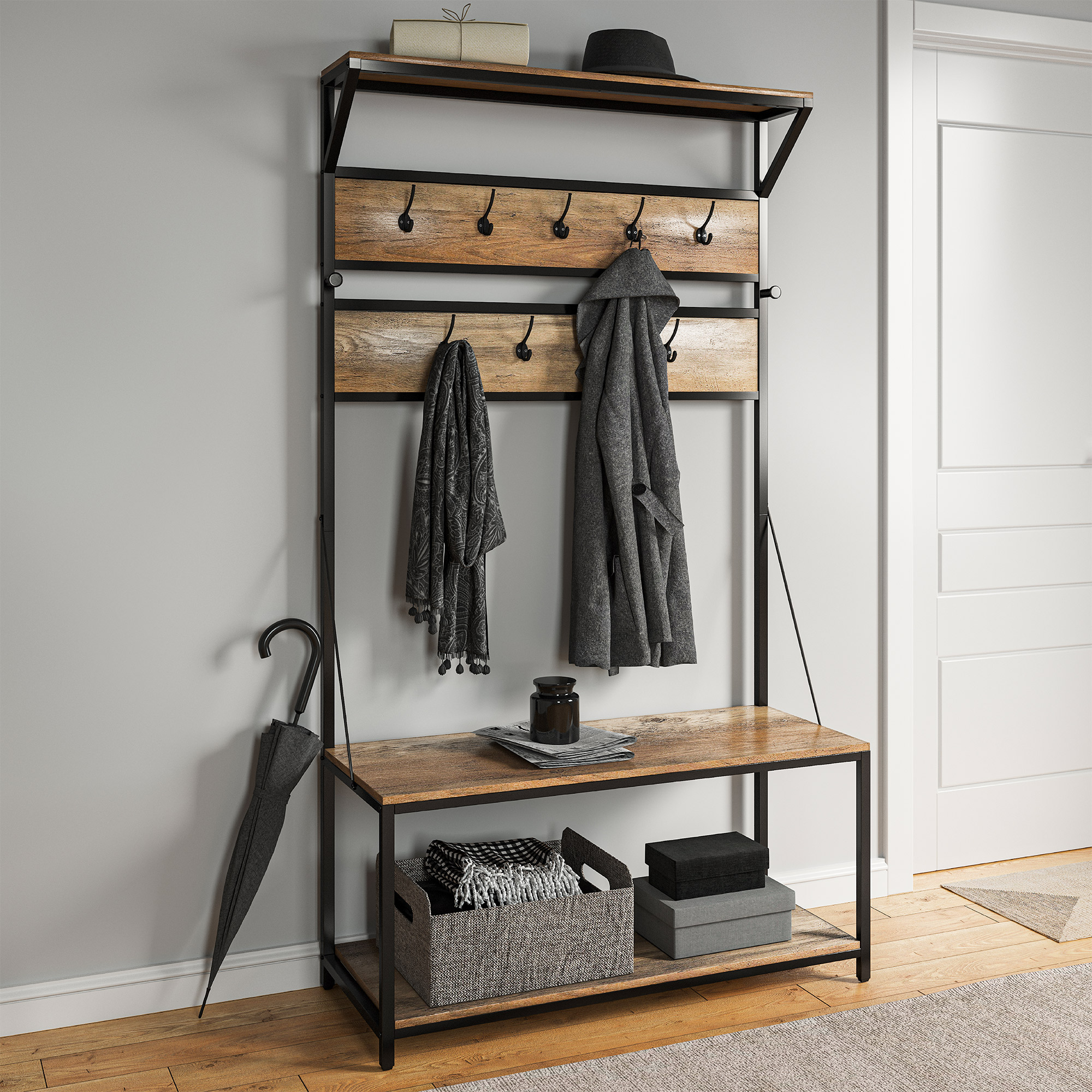 BELLEZE Entryway Hall Tree Coat Rack and Shoe Bench - Blake (Rustic Oak ...