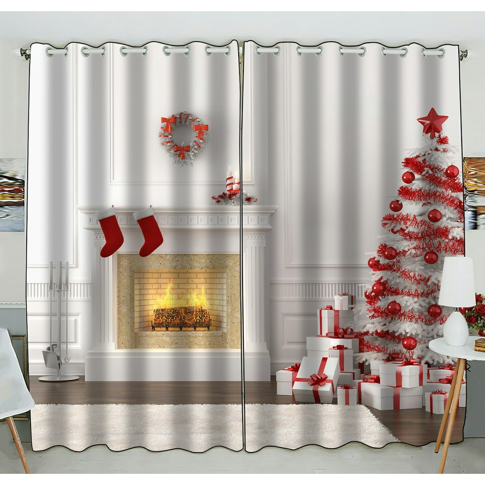 ABPHQTO Fireplace With Christmas Tree Presents Window Curtain Kitchen ...