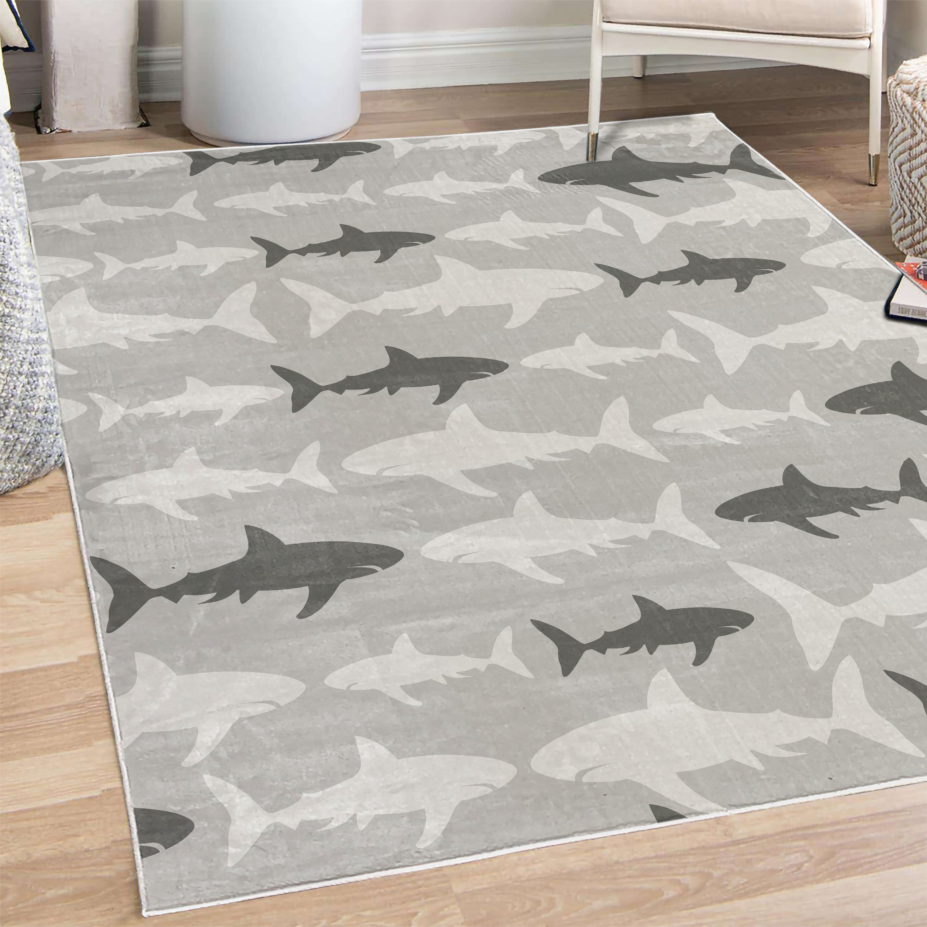 Sea Animals Decorative Rug, Monochrome Shark Illustration Fashion ...