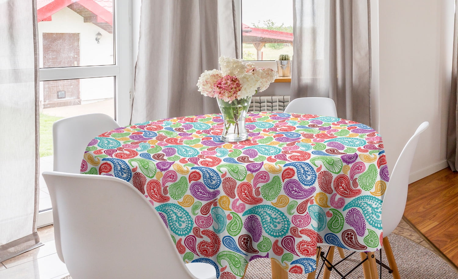 Paisley Round Tablecloth, Modern Teardrop Shaped Striped Oriental ...