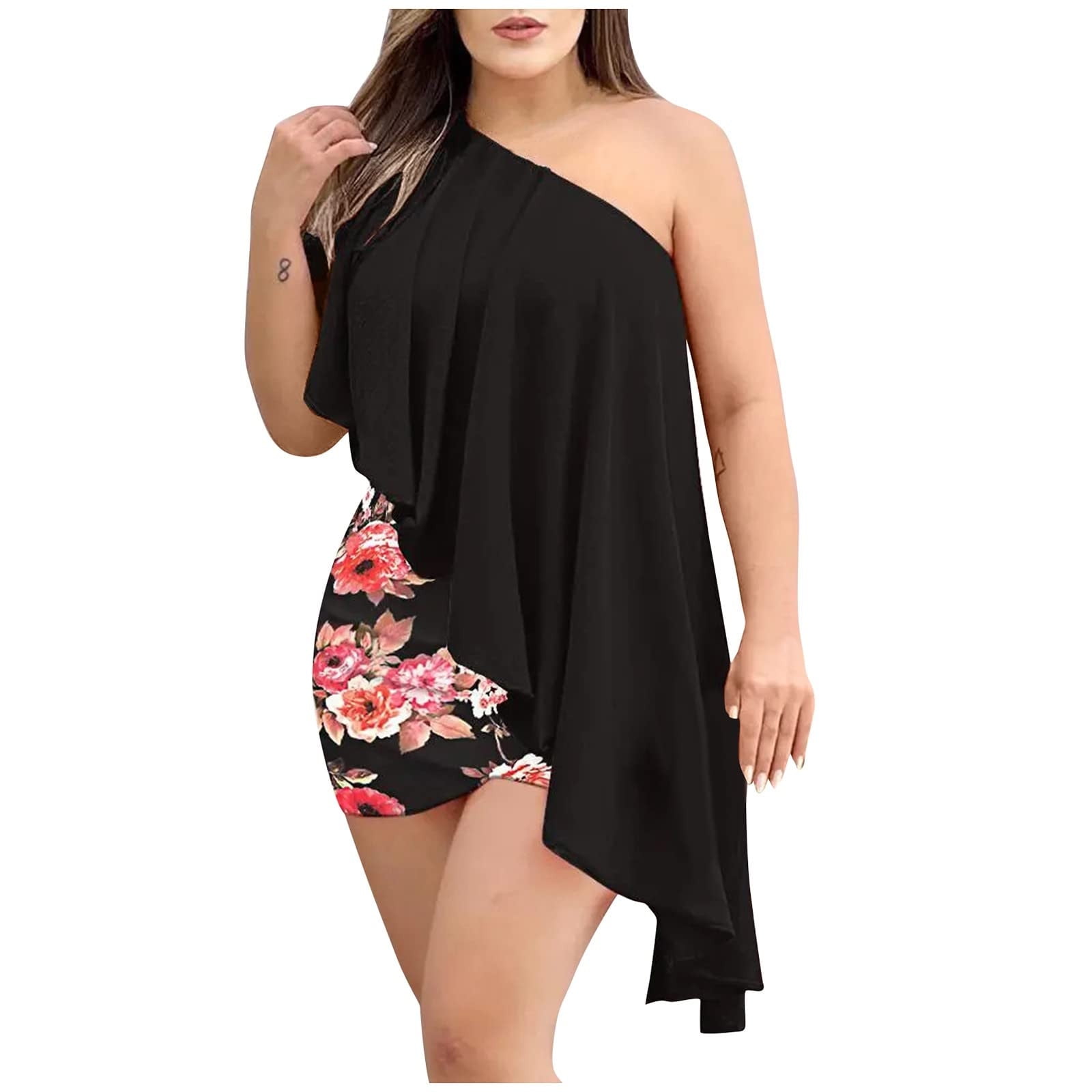 Plus Size Cocktail Dresses For Women Sexy Elegant One Shoulder Ruffle