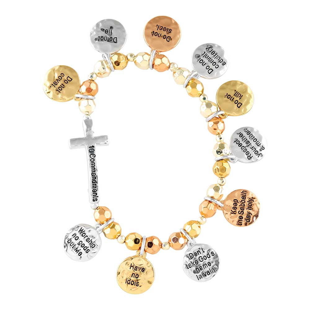 Ten Commandments Cross With Charms Silver-Plated Women's Stretch Bangle ...