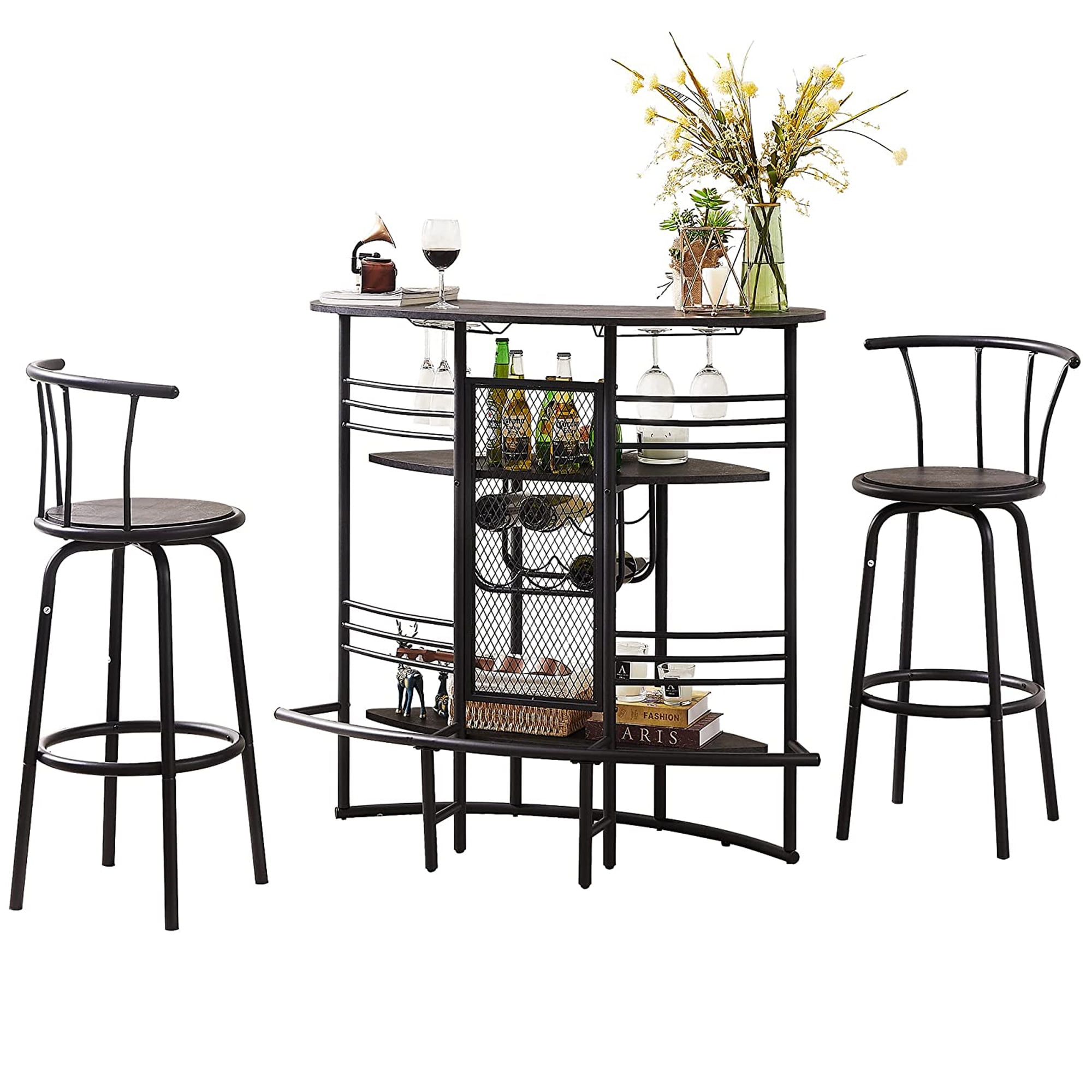 VECELO 3-Piece Pub Table Set with Bar Unit and 2 Bar Stools, Industrial ...