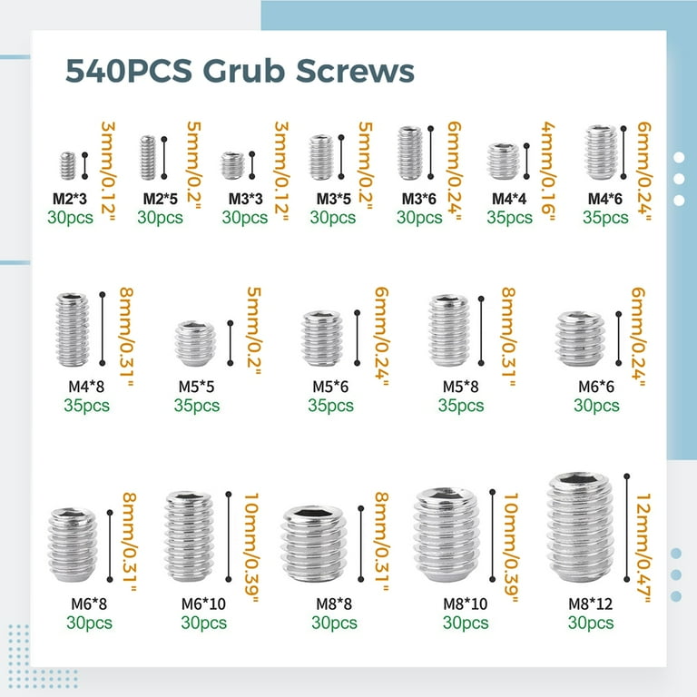 540pcs Grub Screws 17 Metric Sizes M2 3 4 5 6 8 Internal Hex Drive Cup Point Screws Assortment Kit Stainless Steel Grub Screws Set with 6pcs Hex