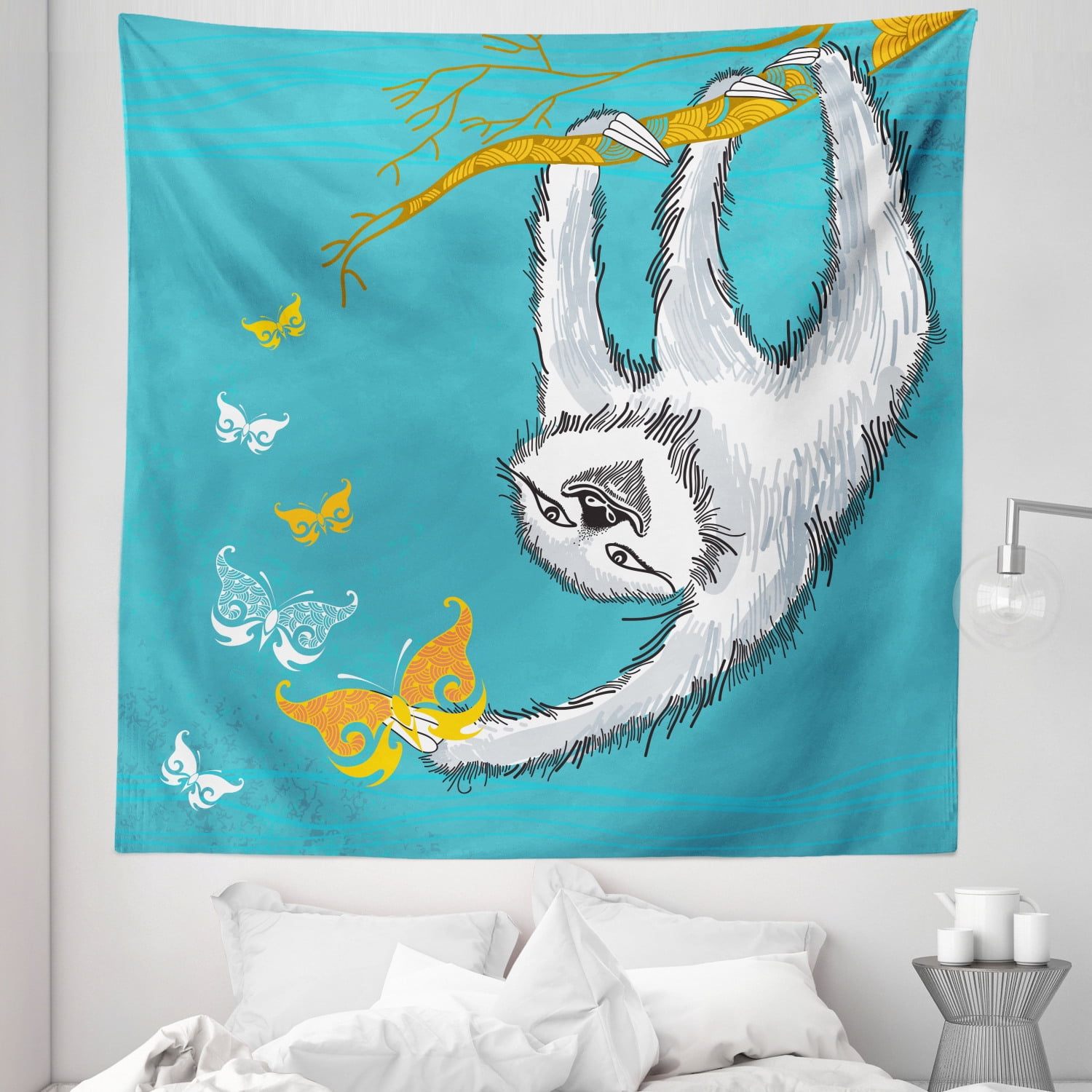 Sloth Tapestry, Sketchy Sloth with Butterflies Ornate Branch Nature ...