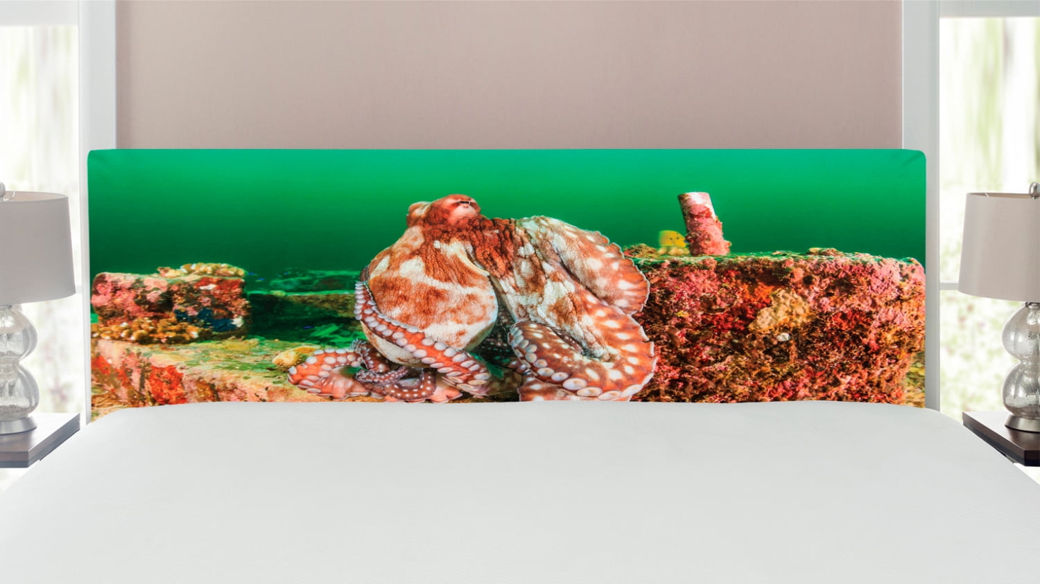 Ocean Headboard, Large Octopus Hiding on Manmade Debris in Dark Murky ...