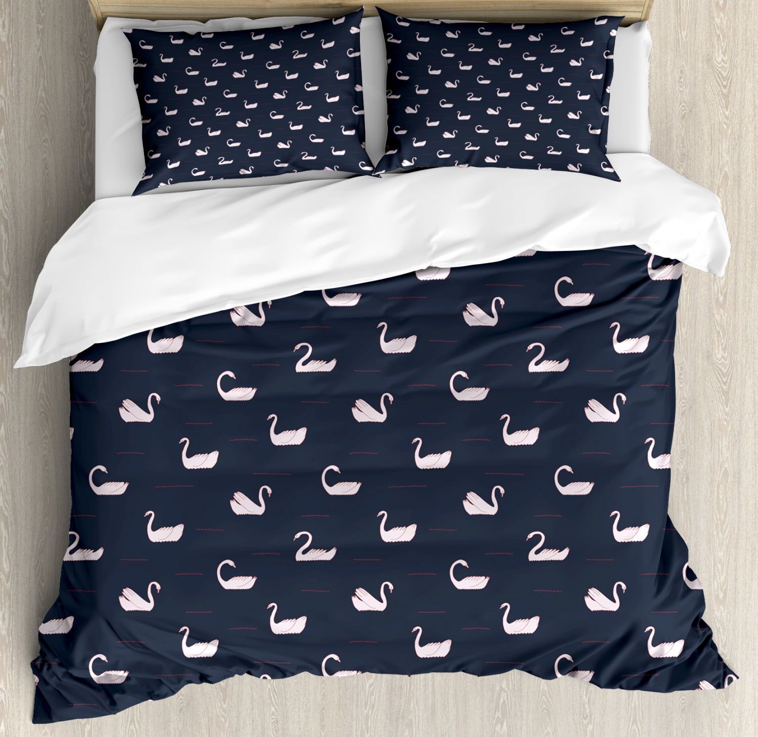 Swan Duvet Cover Set King Size, Pinkish Waterfowls Swimming on an ...