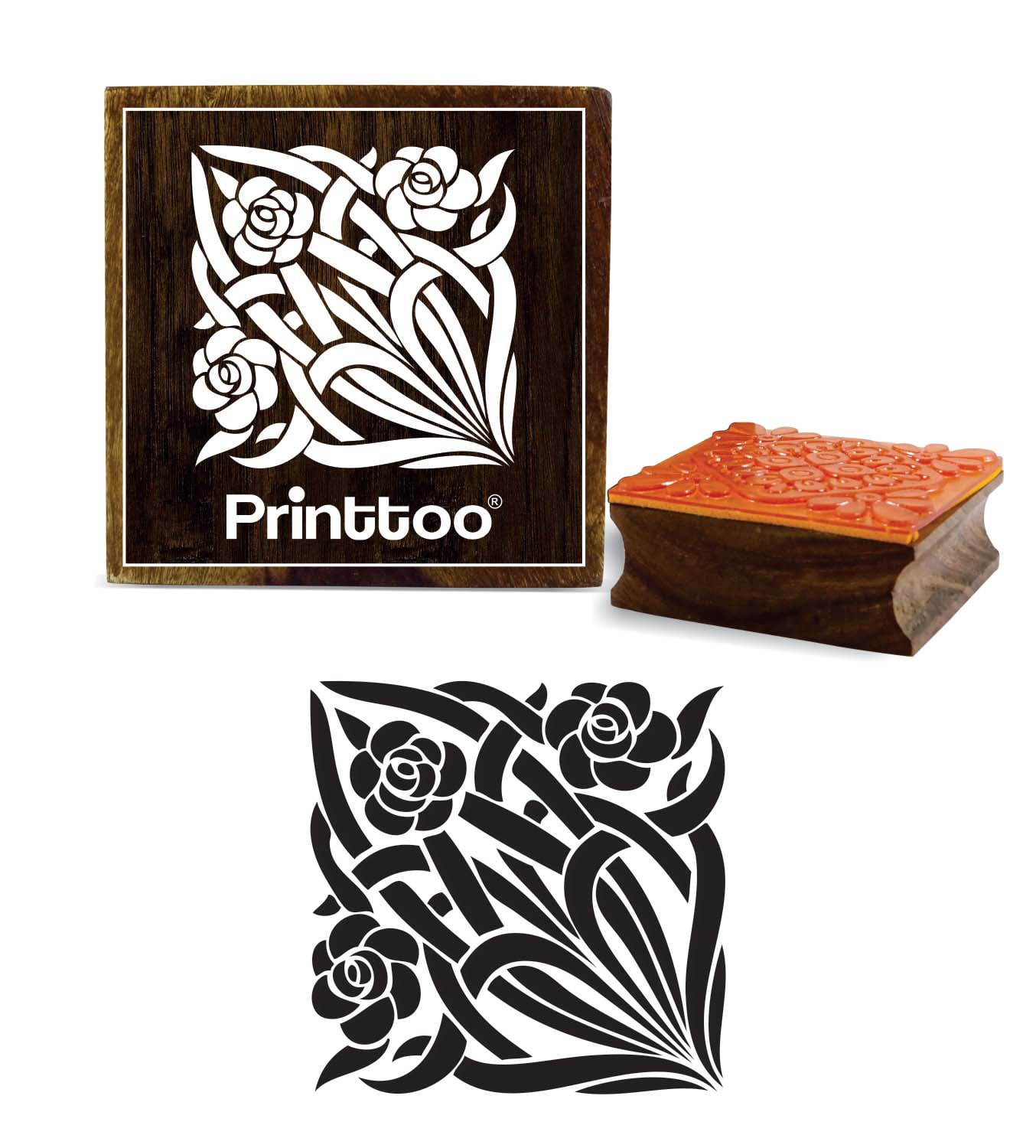Printtoo Craft Textile Square Floral Pattern Stamp Wooden Rubber DIY ...