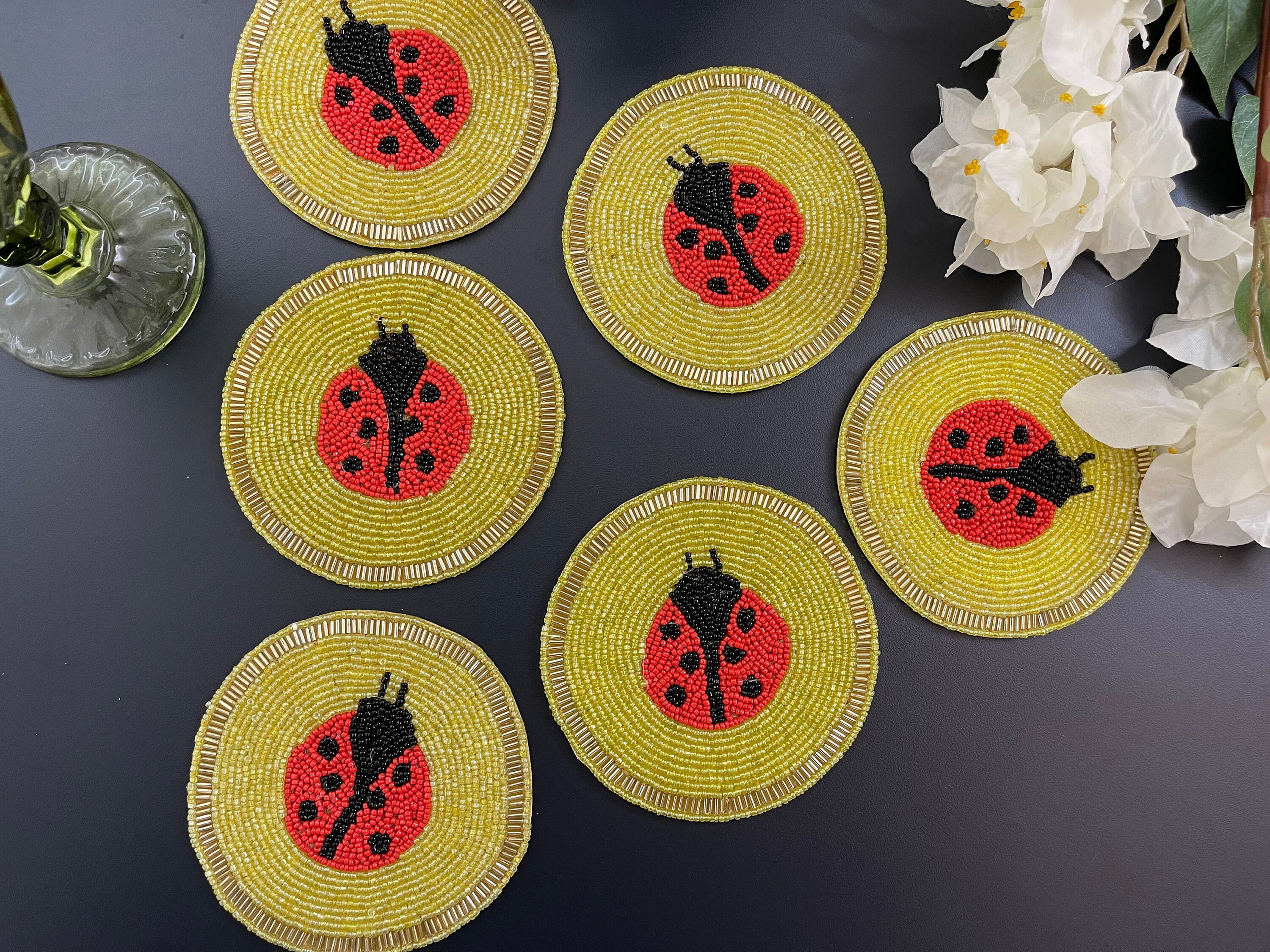Set of 6 coasters, ladybird beetle beaded drink coasters, gift for her ...
