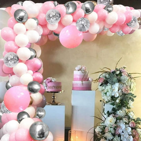 Pink Silver Balloon Arch Garland Kit, 100pcs White Pink Silver Confetti ...