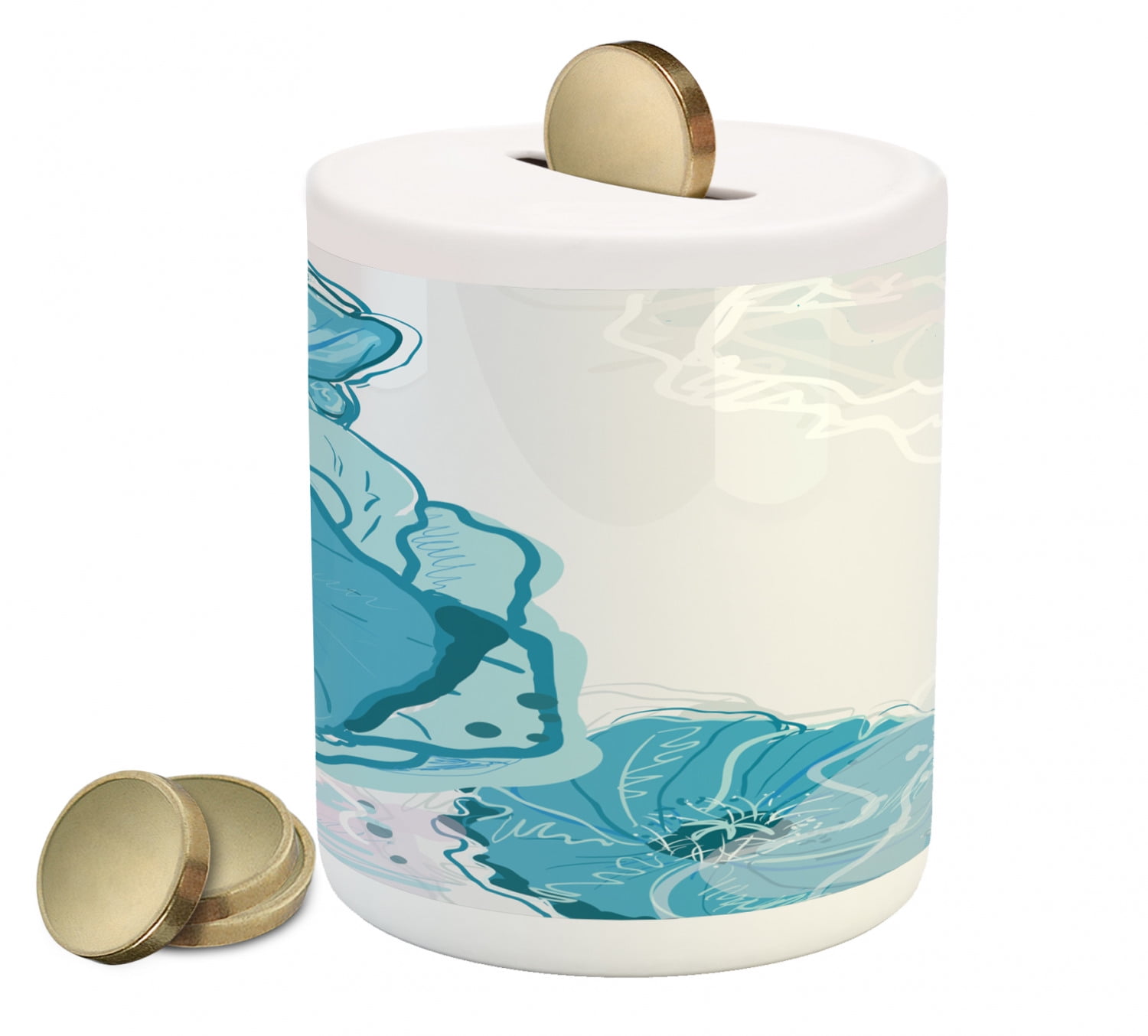 Floral Piggy Bank, Hand Drawn Style Blossoms in Pastel Colors Inspired ...