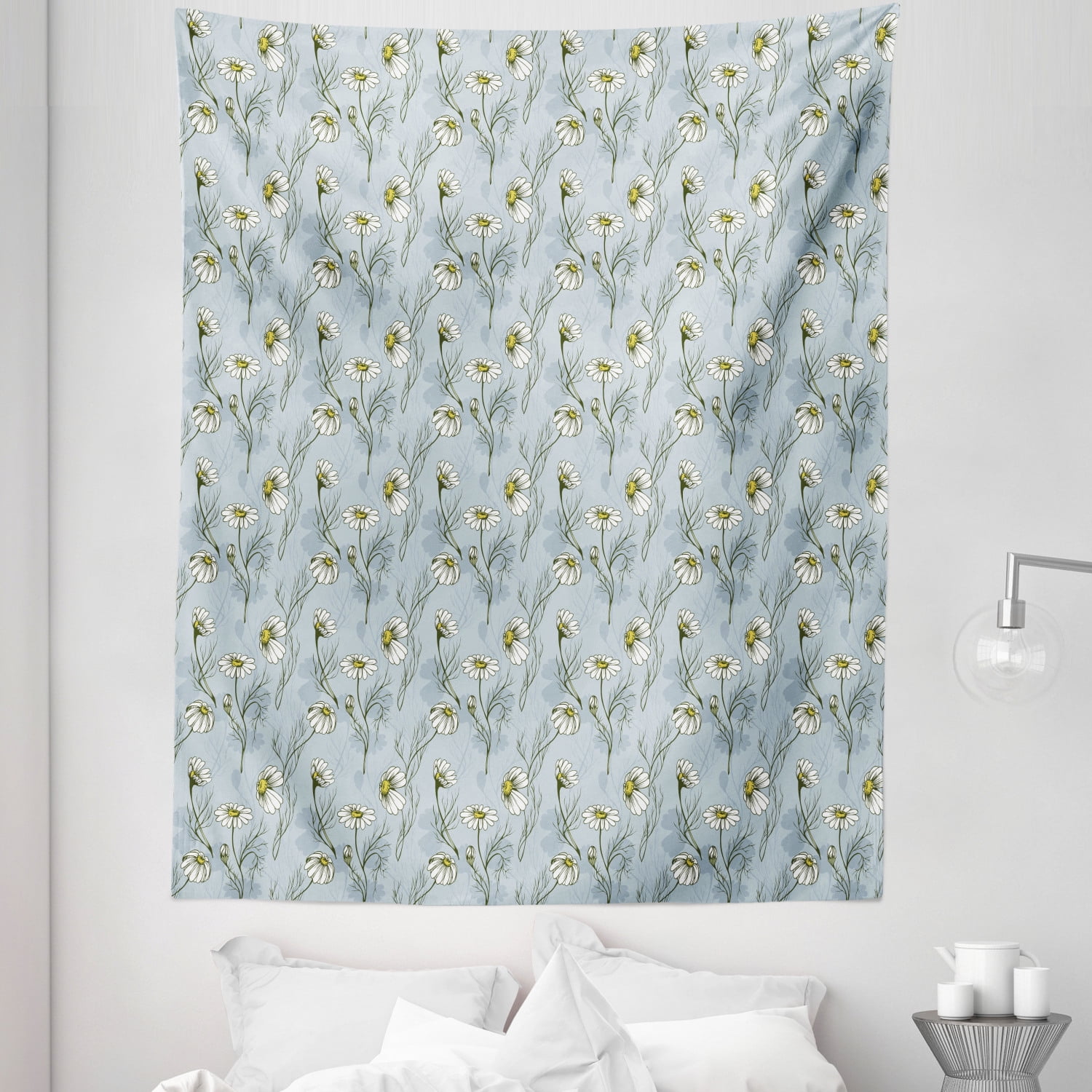 Daisy Tapestry, Hand-Drawn Chamomile Flower Blooms on Silhouette ...