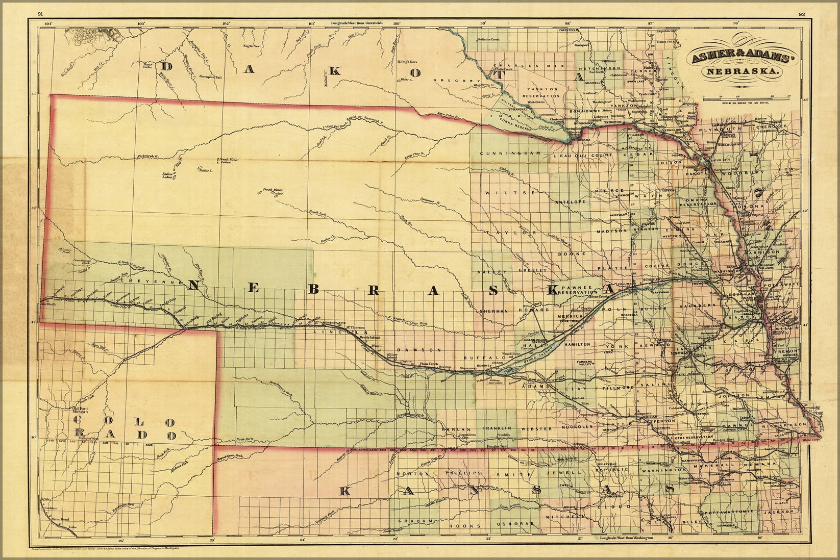 24"x36" Gallery Poster, 1874 railroad map & guide of Nebraska - Walmart.com