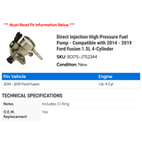 Direct Injection High Pressure Fuel Pump - Compatible with 2014 - 2019 ...