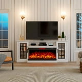 AMERLIFE 75in Distressed White TV Stand with 3-Sided Glass Fireplace ...