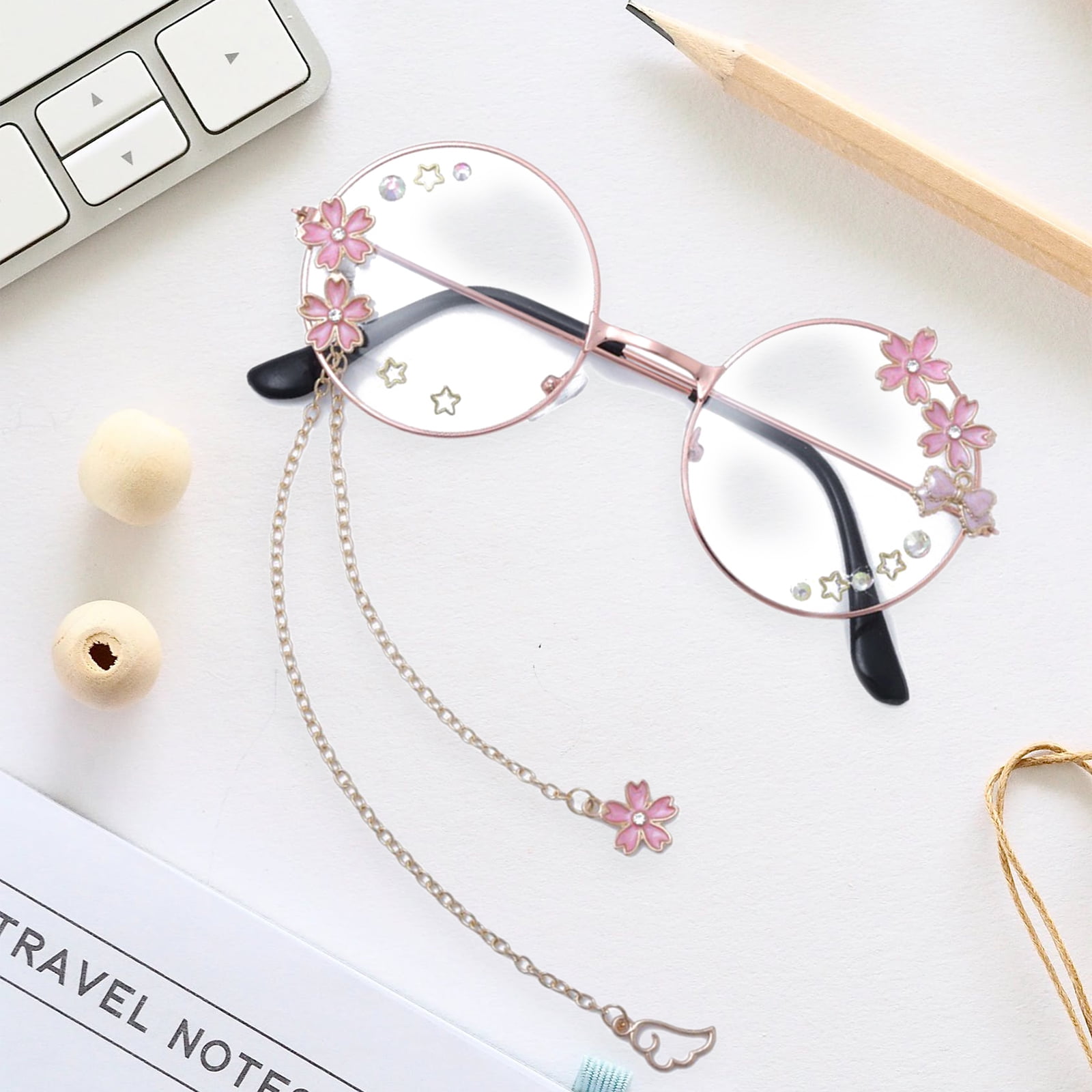 Franhais Cute Glasses With Chain, Cherry Blossoms Round-Frame Eyewear ...