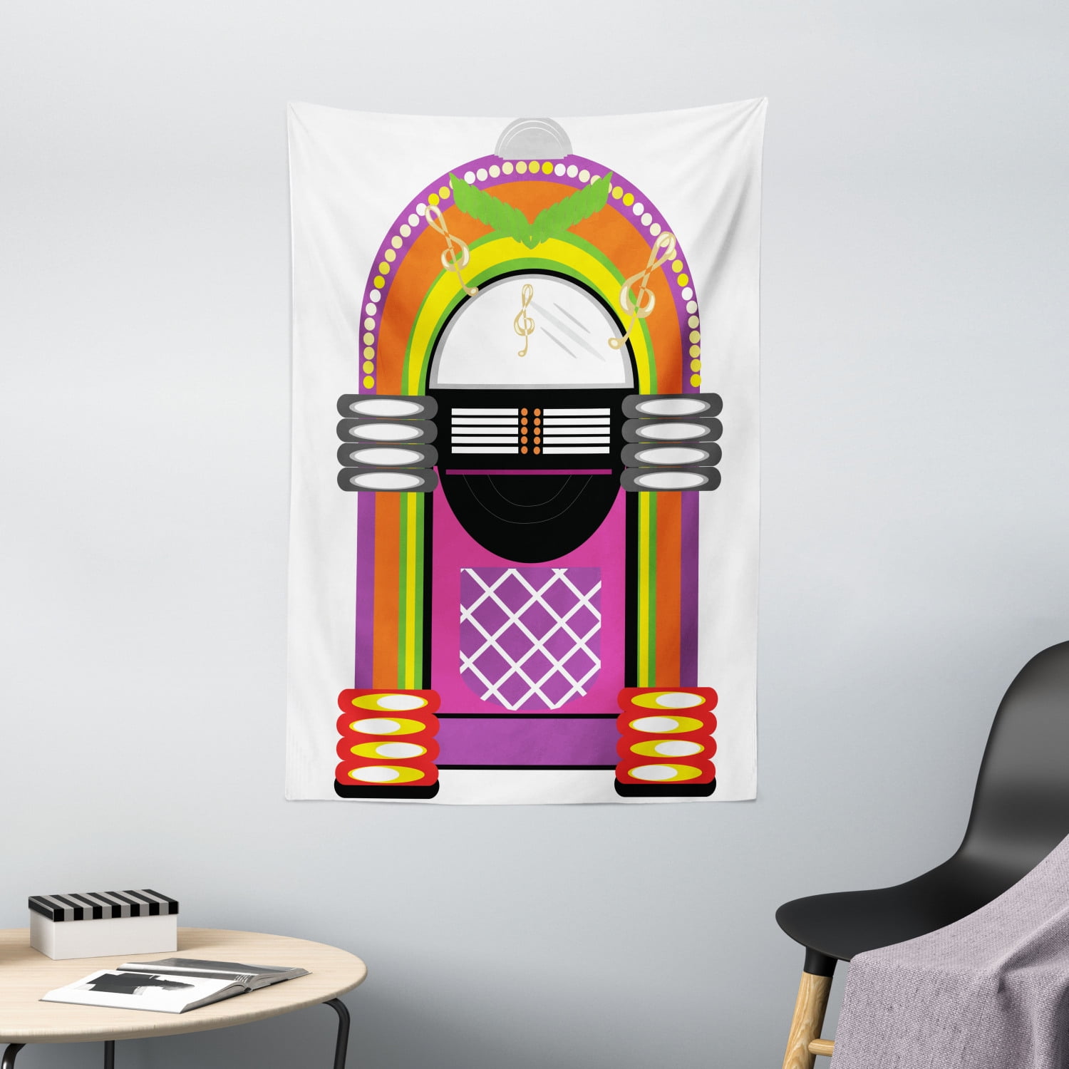 Jukebox Tapestry, Cartoon Vivid Ethnic Design Vintage Music Notes Radio ...
