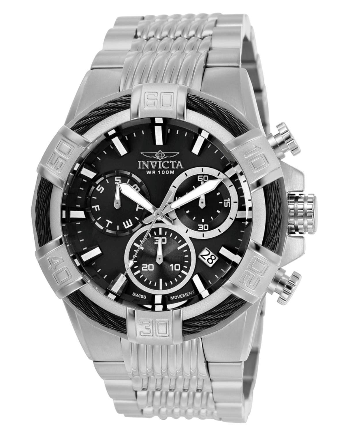 25862 Men's 'Bolt' Quartz Black Dial Chronograph Stainless Steel Watch ...