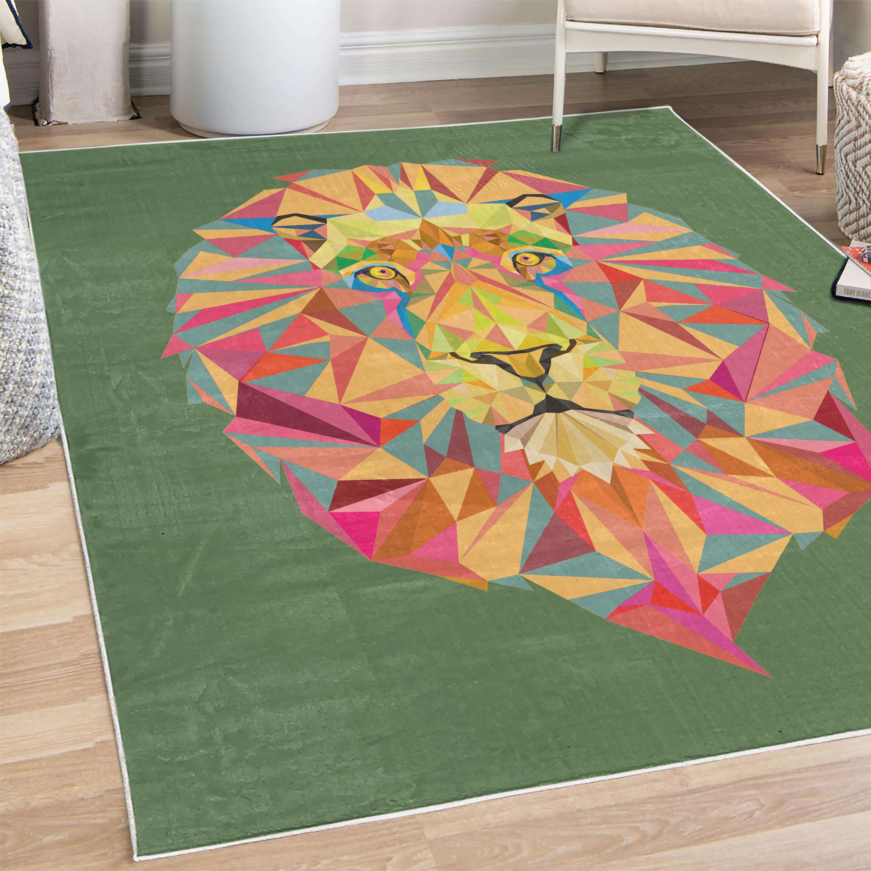 Zoo Decorative Rug, Colorful Animals Geometric Diamond Face Lions Mane ...