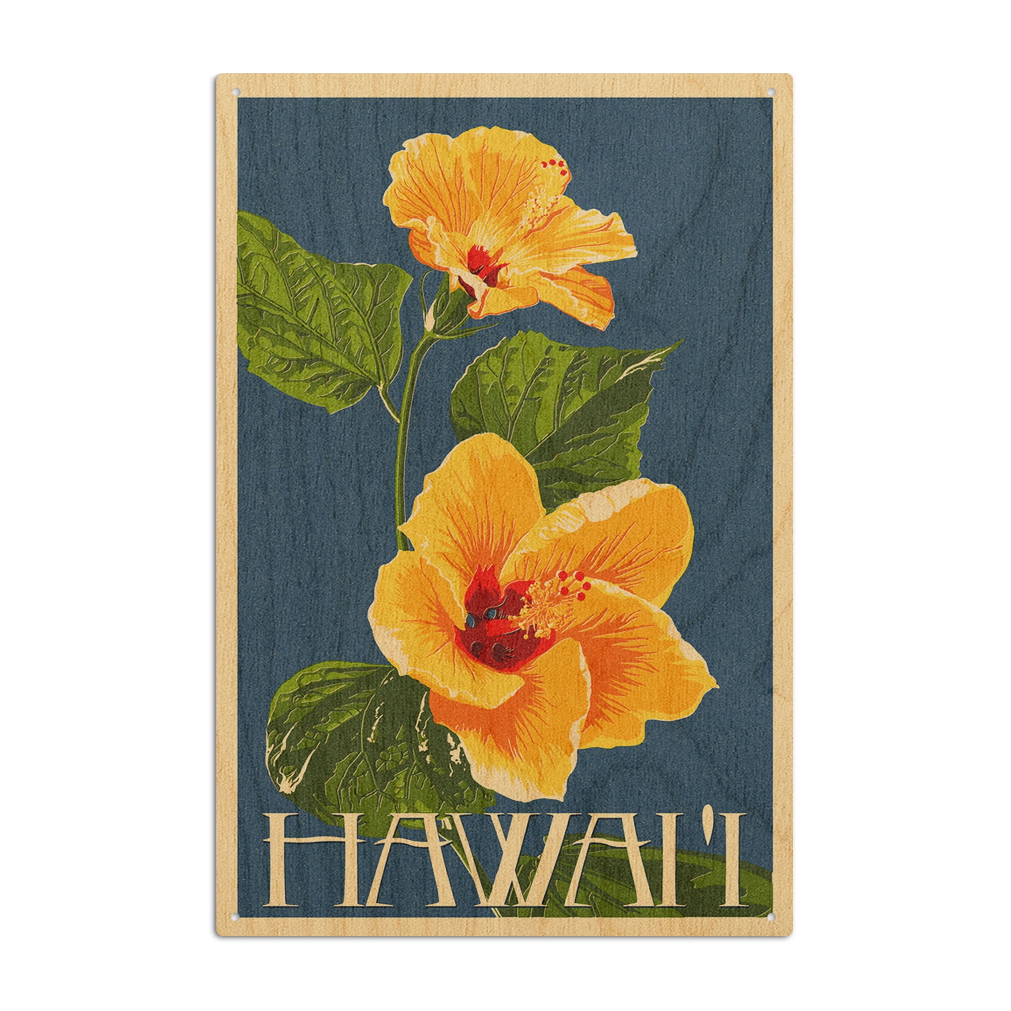 Hawaii, Yellow Hibiscus Flower Letterpress Birch Wood Wall Sign (6x9 ...
