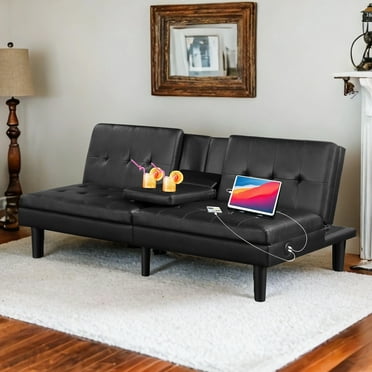 Mainstays Memory Foam Futon with Cupholder and USB, Black Faux Leather ...