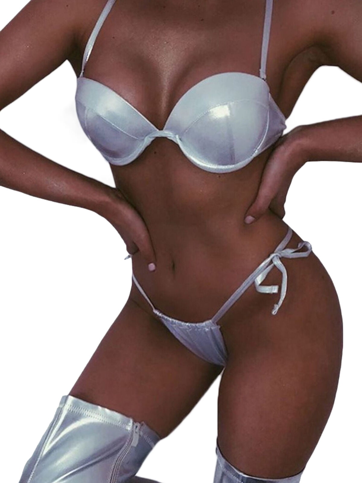 Karuedoo Women Shiny Metallic High Waited Swimsuit Bikini Thong