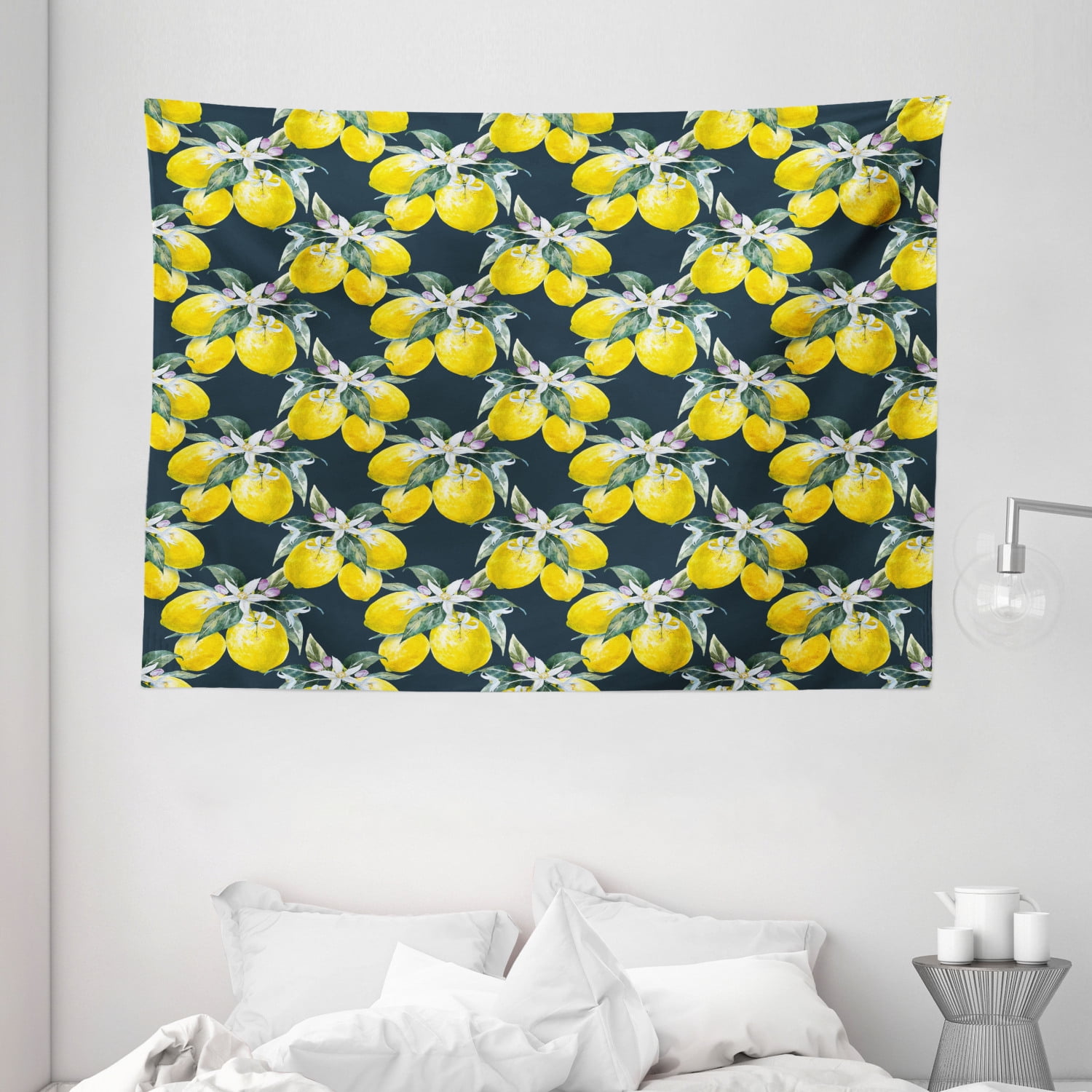 Floral Tapestry, Lemon Tree with Flowering Plant Blooms Botany Eco ...