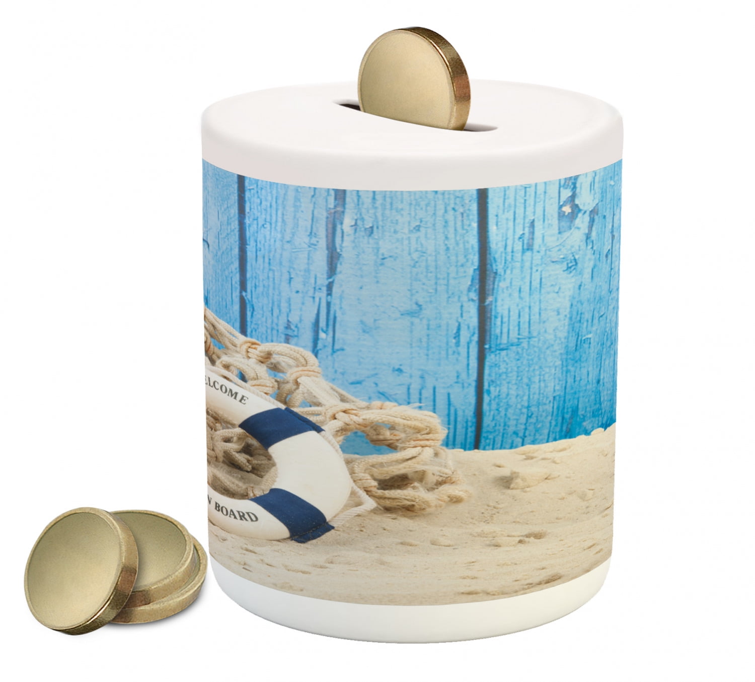 Coastal Piggy Bank, Marine Theme Welcome Message on Beach Coastline ...