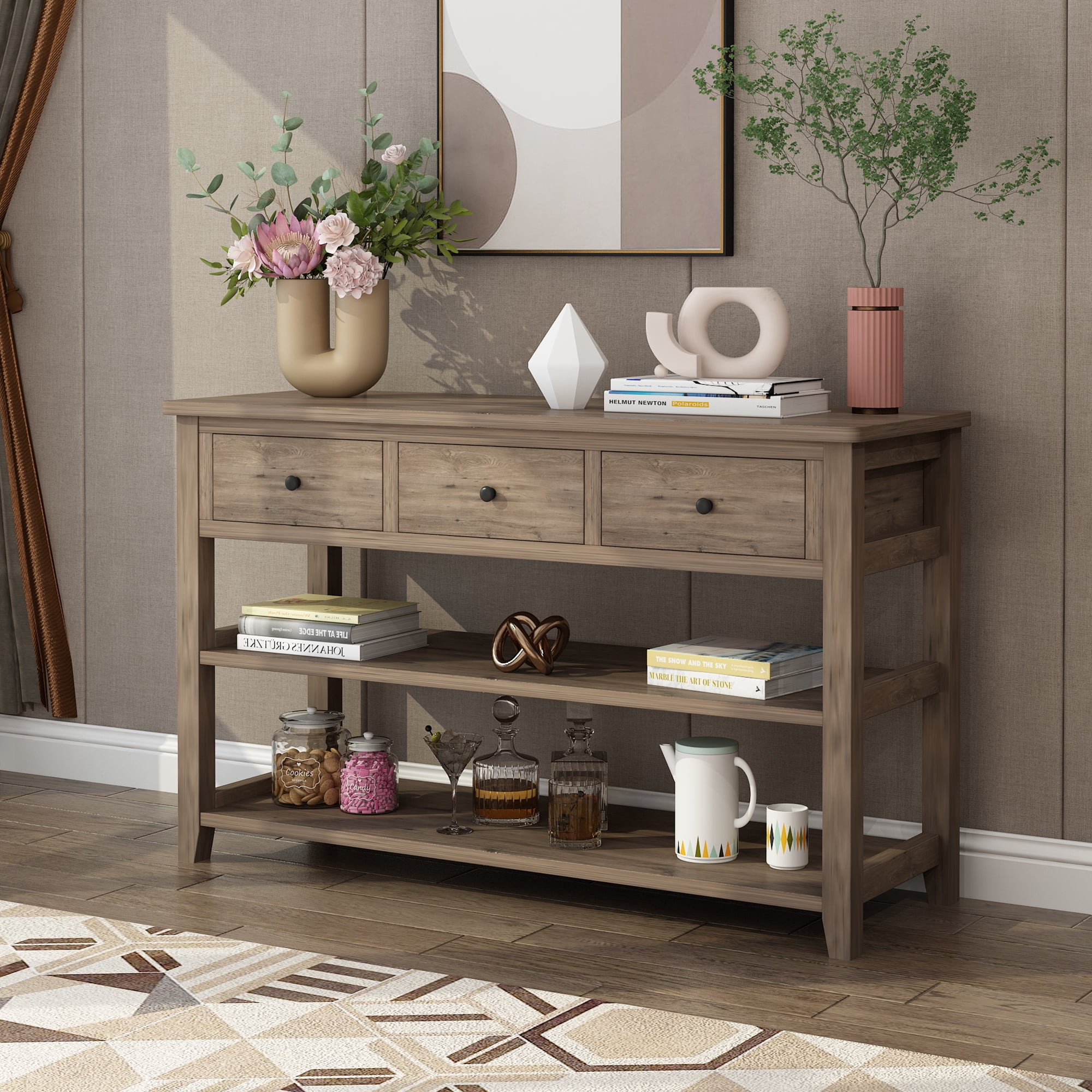 EasingRoom Rustic Long Console Table with 3 Drawers and 3 Shelves ...