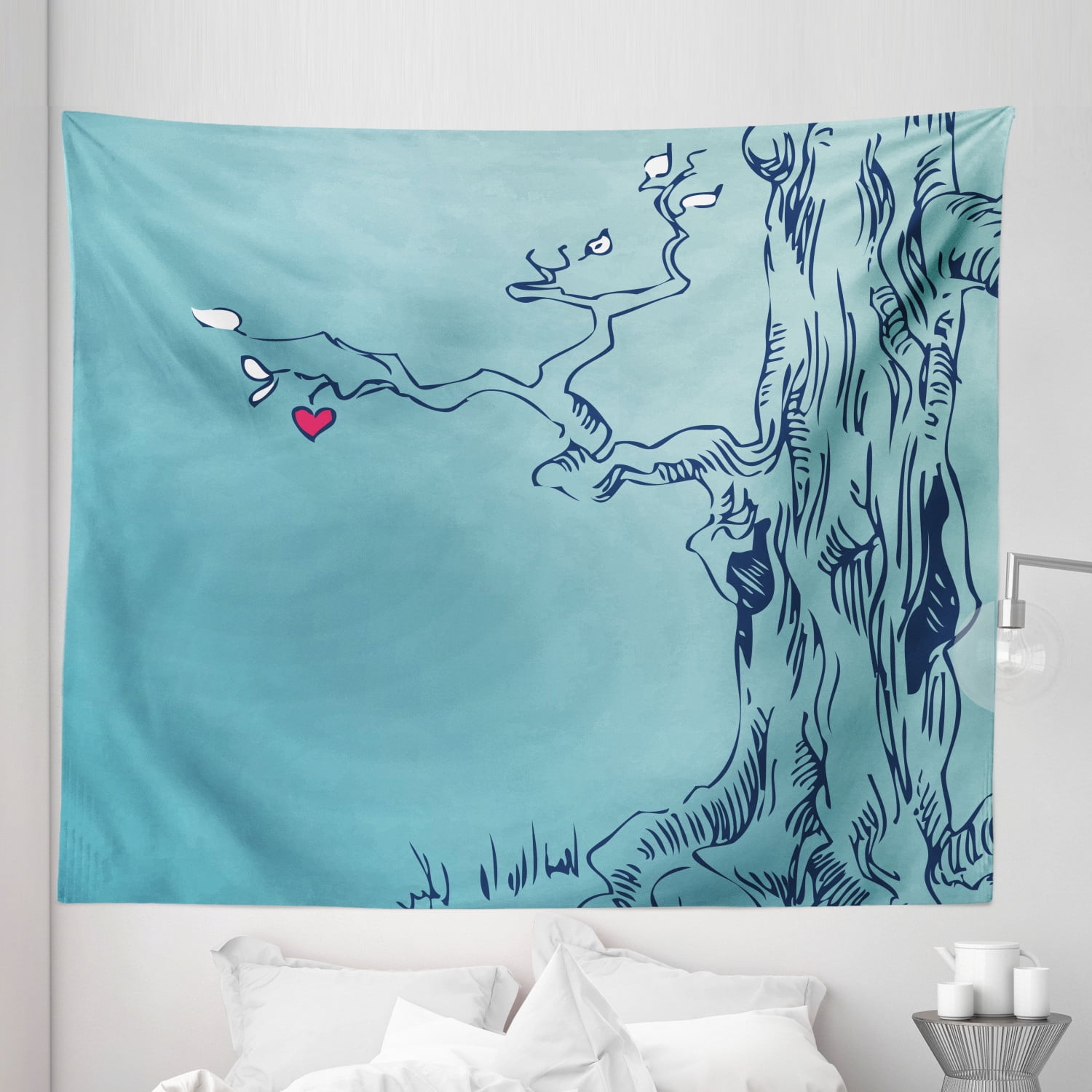 Nature Tapestry, Hand Drawn Tree with Hearts and Leaves Branches Sketch ...