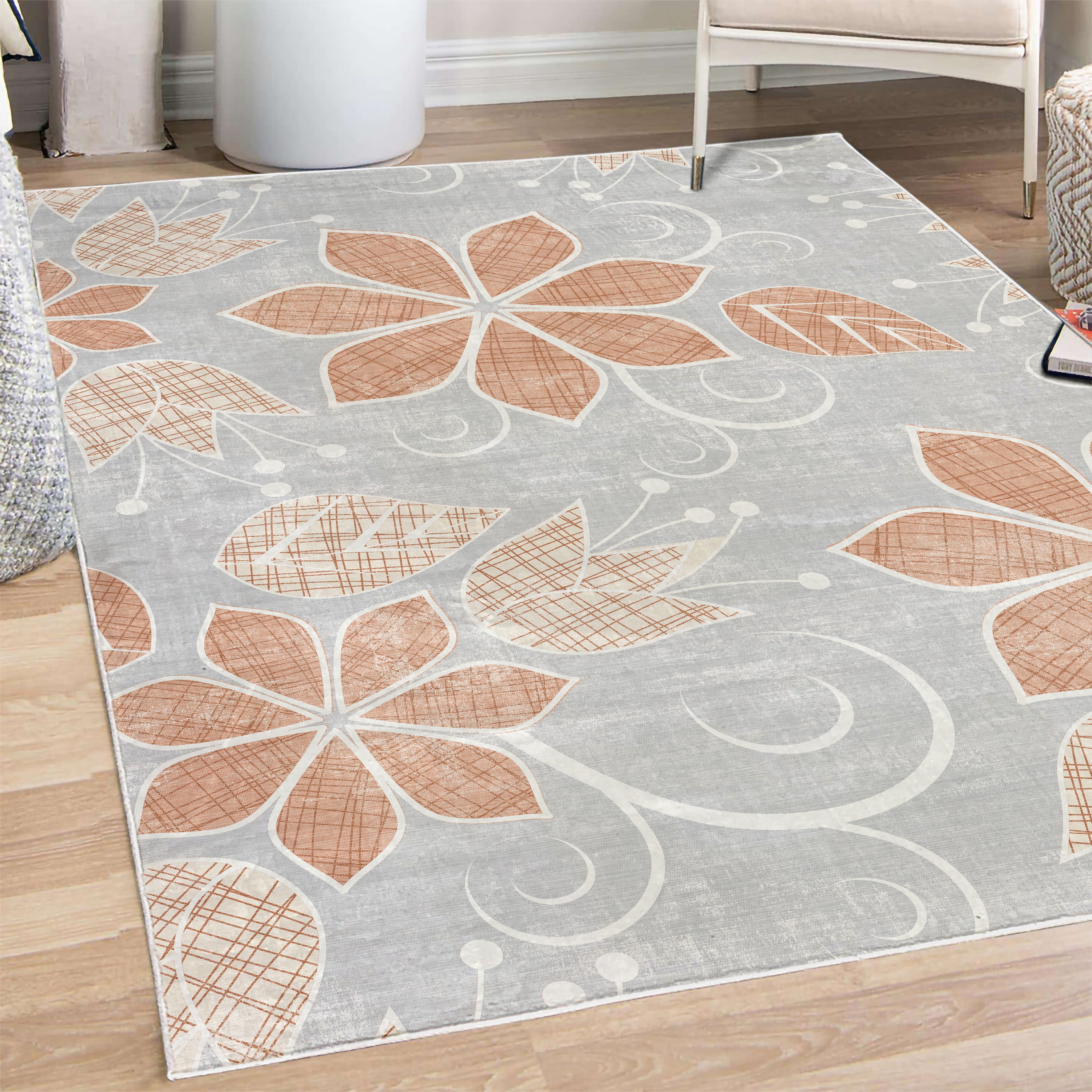 Floral Decorative Rug, Delicate Flowers with Swirling Ivy Branches ...
