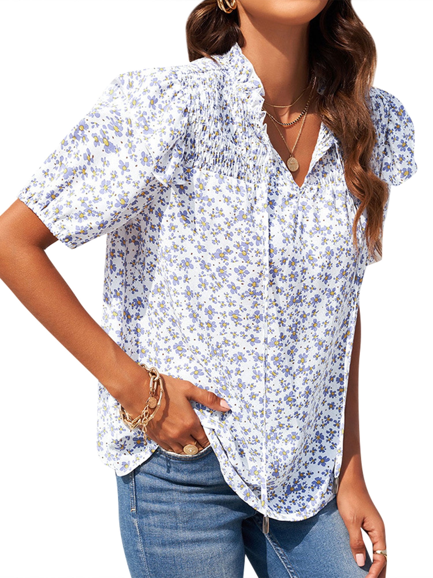 Nlife Women Floral Frill Embellished String V Neckline Short Sleeve Top