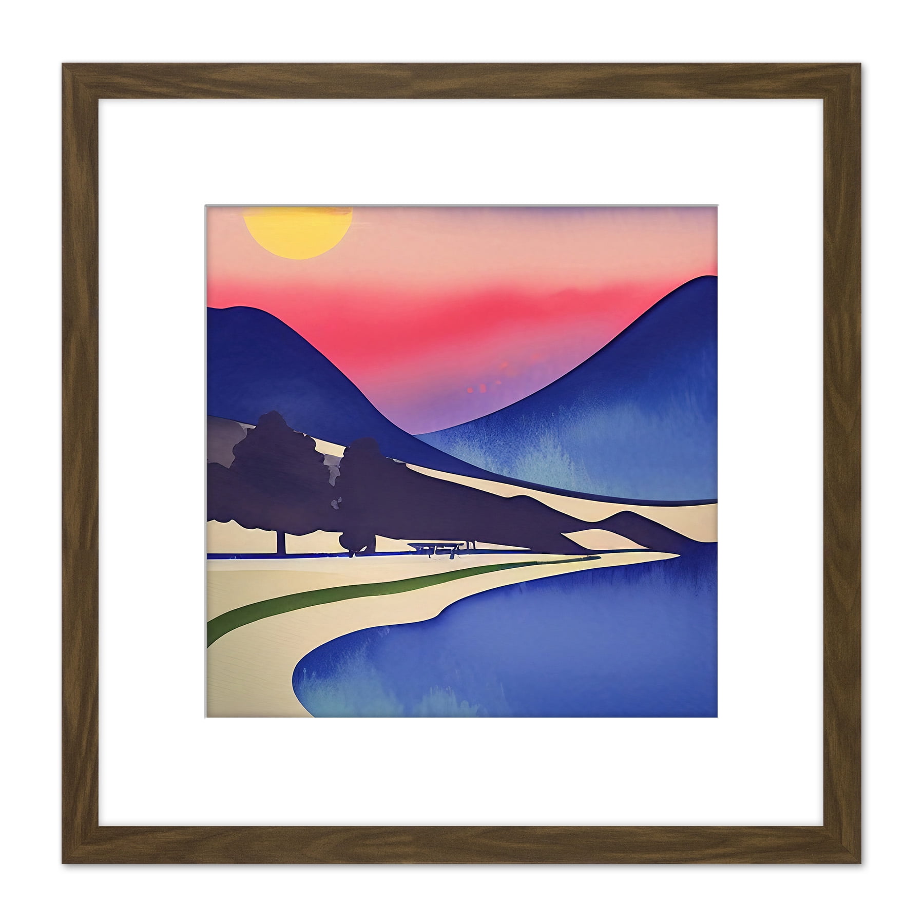 Modern Sunset Pink Abstract Lake Windermere Watercolour Painting Square ...