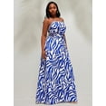 Blue Abstract Print Halter Neck Tie Waist A-Line Maxi Dress For Women ...