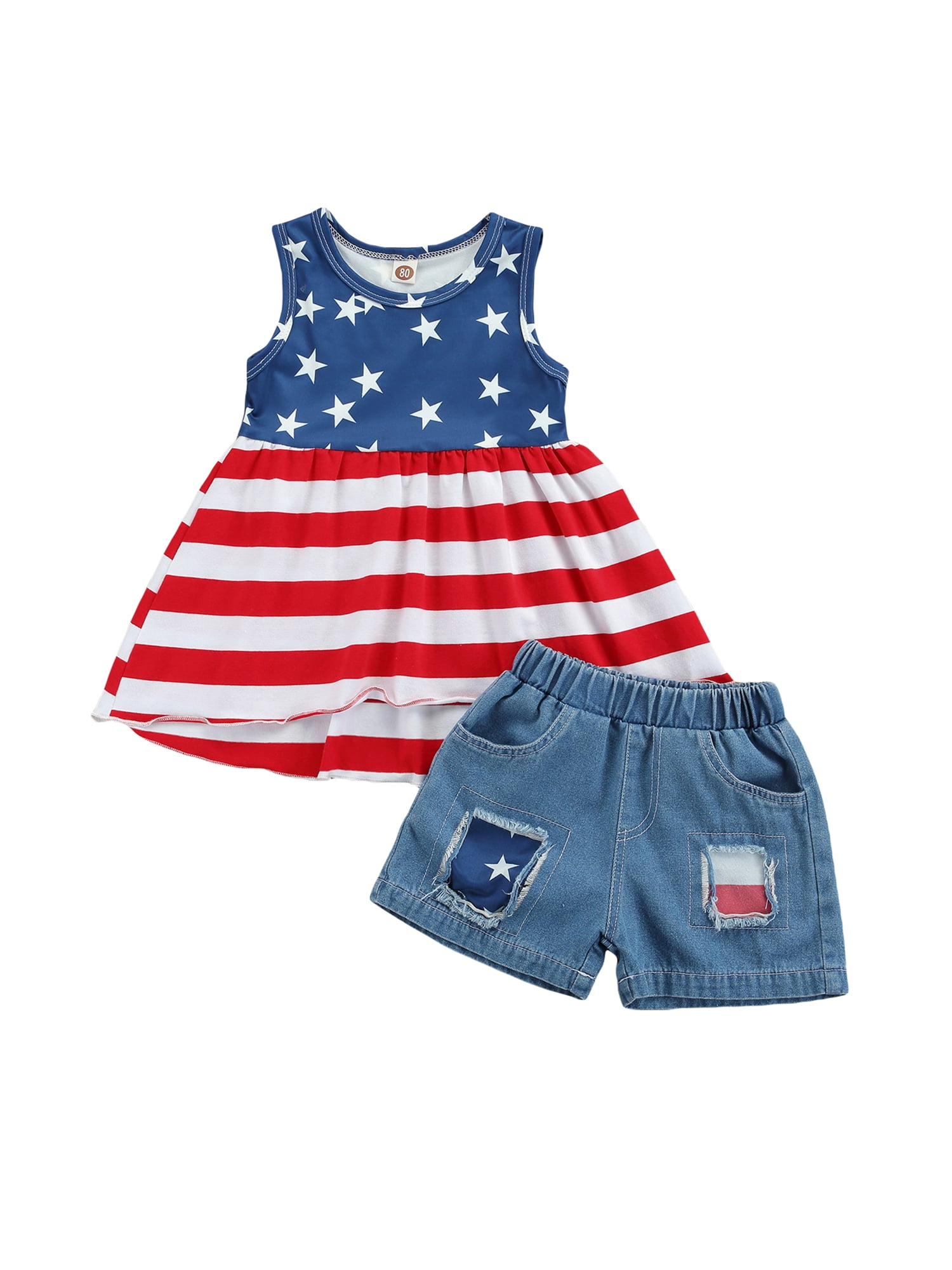 Blotona 2Pcs 4th of July Toddler Kid Girls Summer Outfit Sleeveless Halter Stars Stripe Tops+ ...