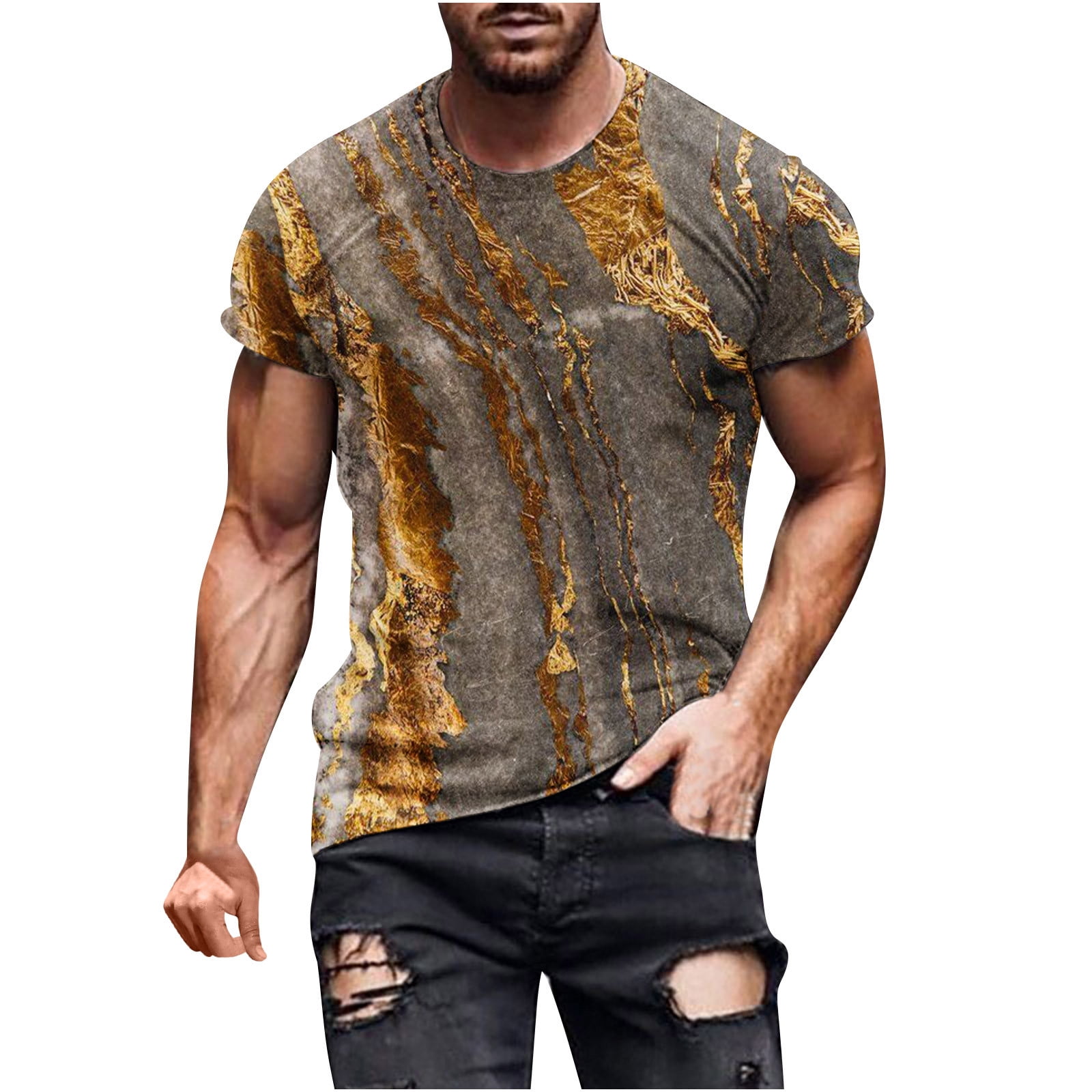 Summer Tops Men's Trendy Plus Size Round Neck T-shirt Marbling Print ...