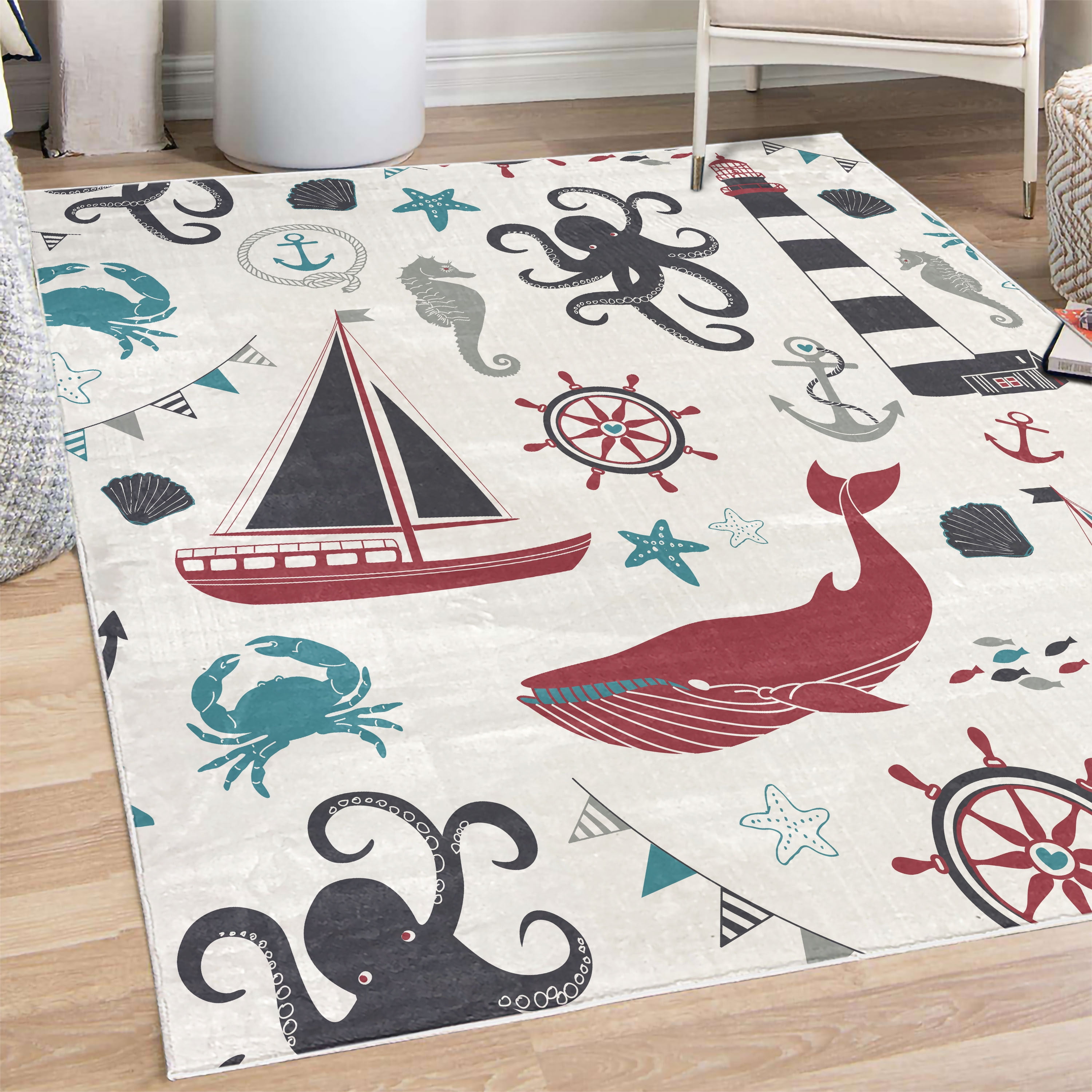 Nautical Decorative Rug, Pastel Colored Composition of Lighthouse ...