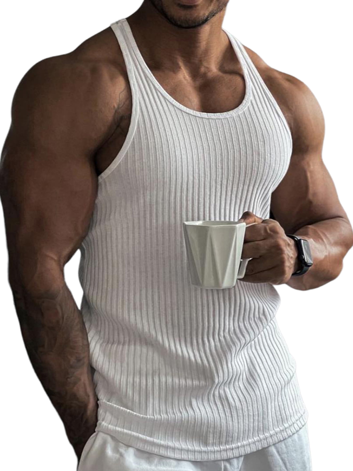 LilyLLL Mens Ribbed Tank Undershirt Moisture Wicking Workout Gym Muscle ...