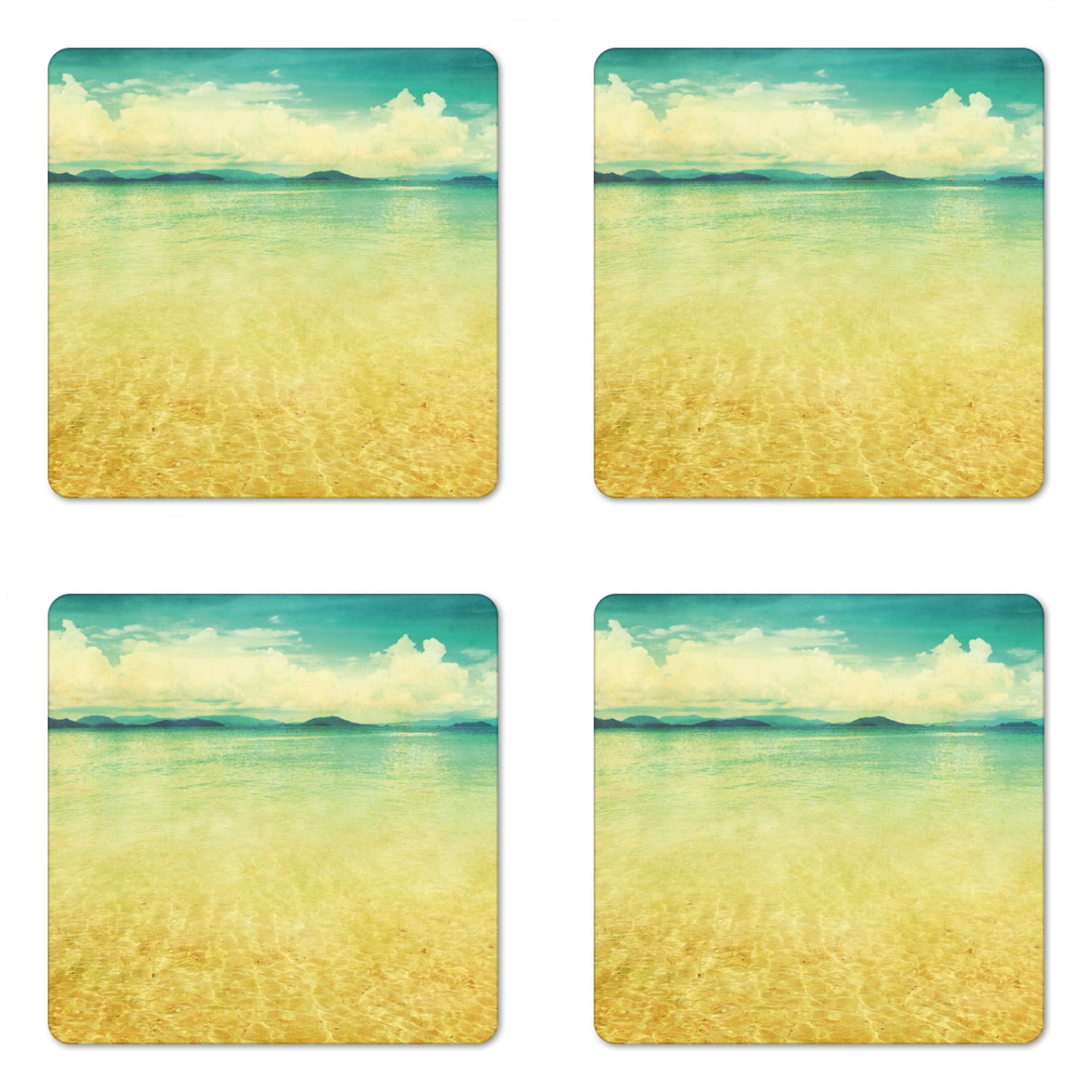 Beach Coaster Set of 4, View of the Sea in Grunge and Retro Style ...