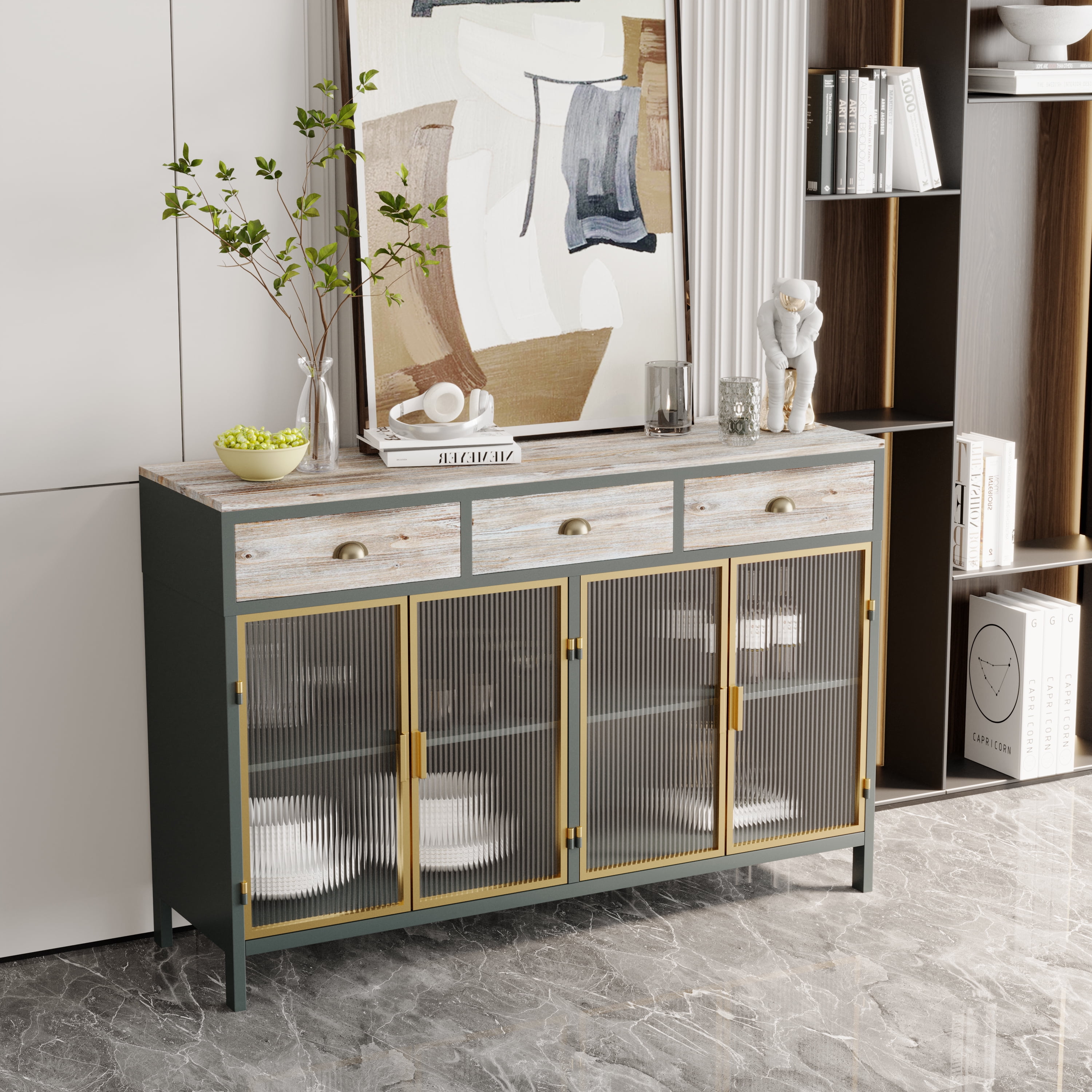 48" Wide 4 Glass Doors Modern Sideboard with 3 Top Drawers ...