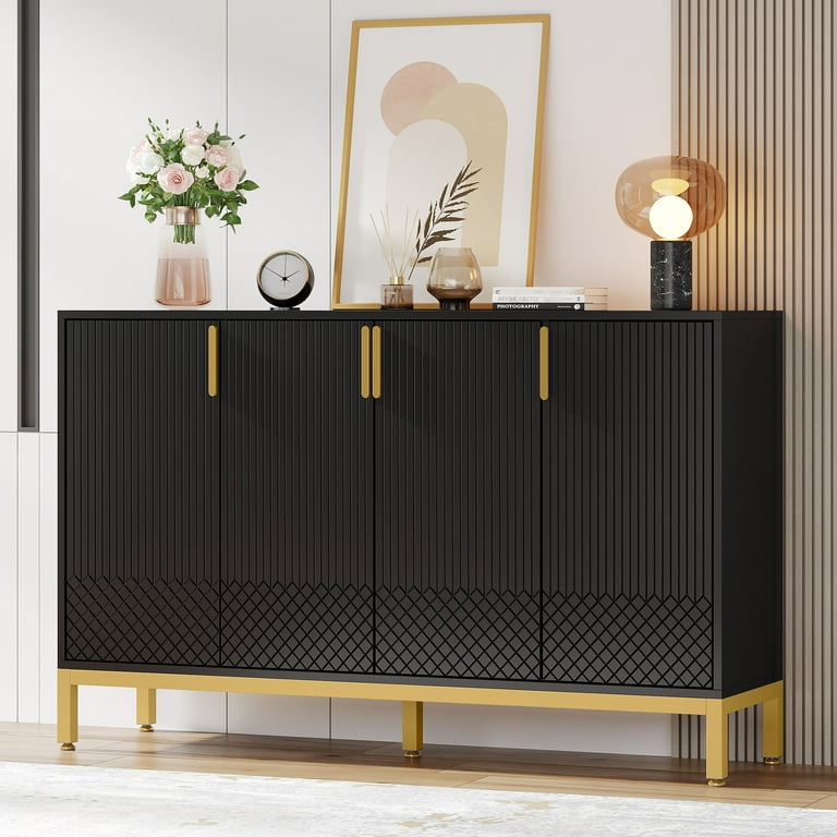 Tribesigns Black Luxury Buffet Cabinet with Storage 55 Inch Kitchen Sideboard Cabinet with 4 Doors