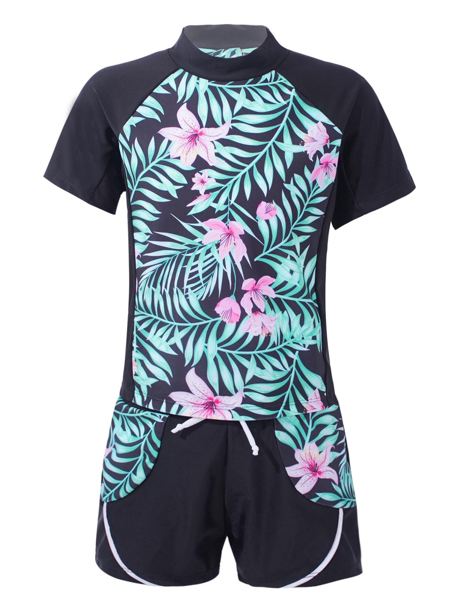 YEAHDOR Girls Youth 2Pcs Flowers Leaves Prints Swimsuit Rash Guard Tops ...