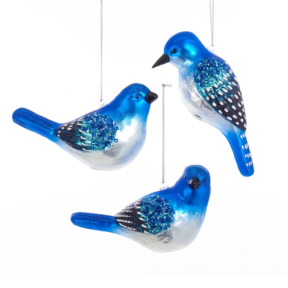 Set of 3 Glass BLUE BIRD Christmas Ornaments, 3" Tall, by Kurt Adler ...