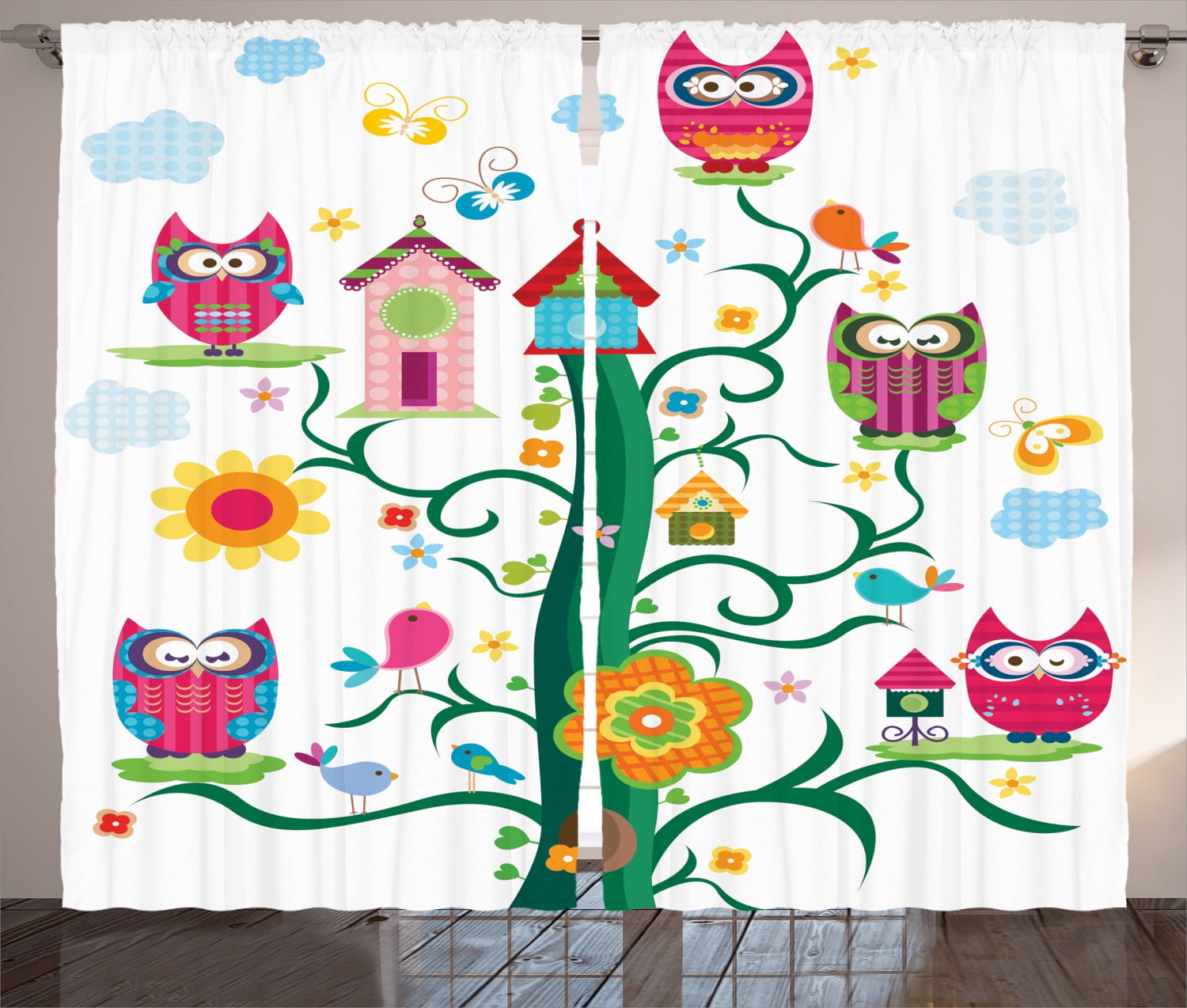 Owls Home Decor Curtains 2 Panels Set, Owls in the Tree with Crazy Eyes ...