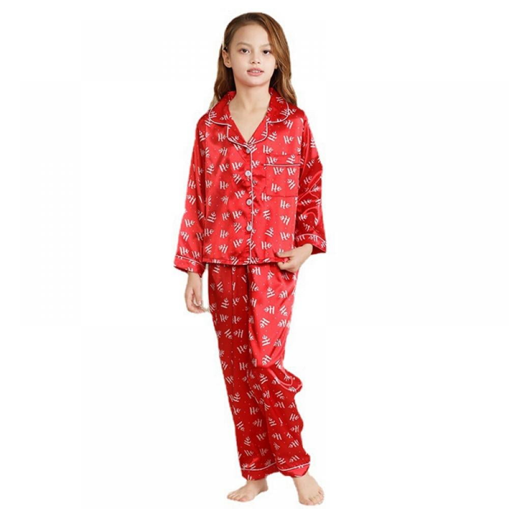 Girl Kids Satin Silk Pajamas Print Set,Long Sleeve Tops+Pants Sleepwear ...