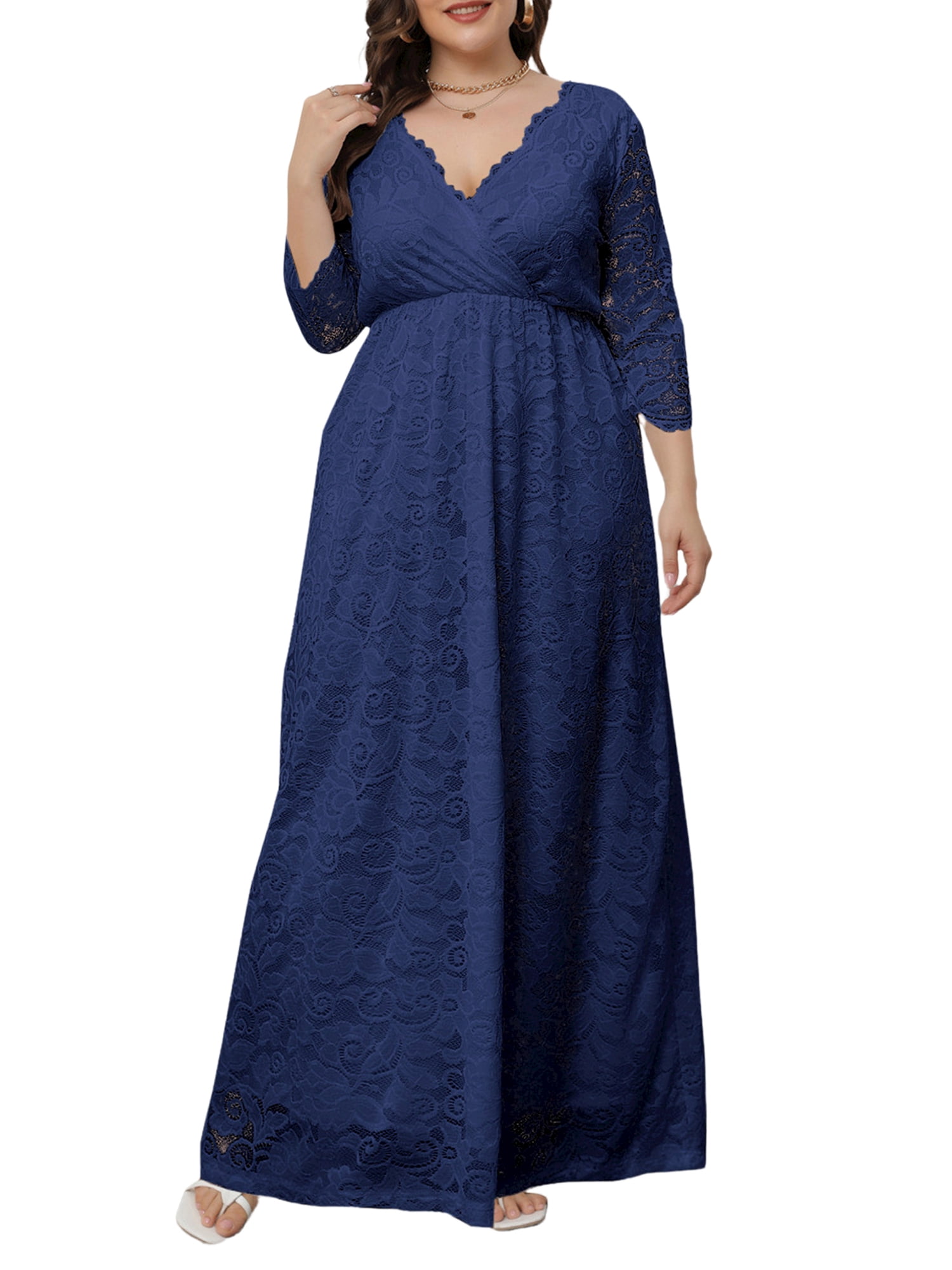 VSNOW Women 3/4 Sleeve Lace Maxi Long Dress V Neck Cocktail Party ...