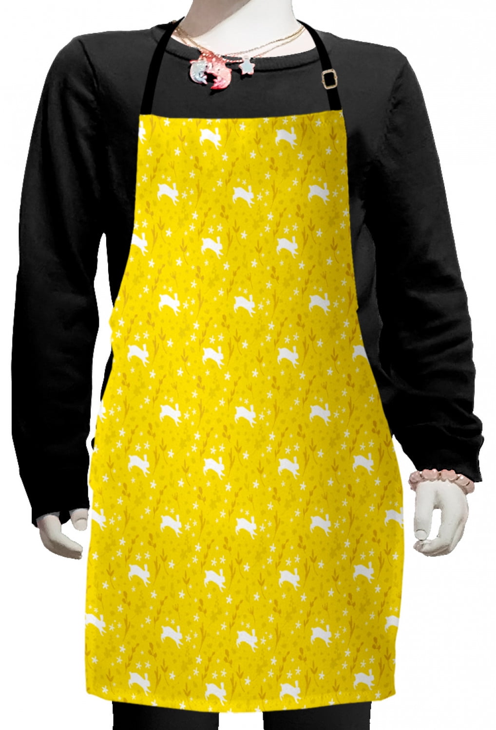 Bunny Kids Apron, White Silhouettes of Rabbits Flowers Herbs and Leaves ...