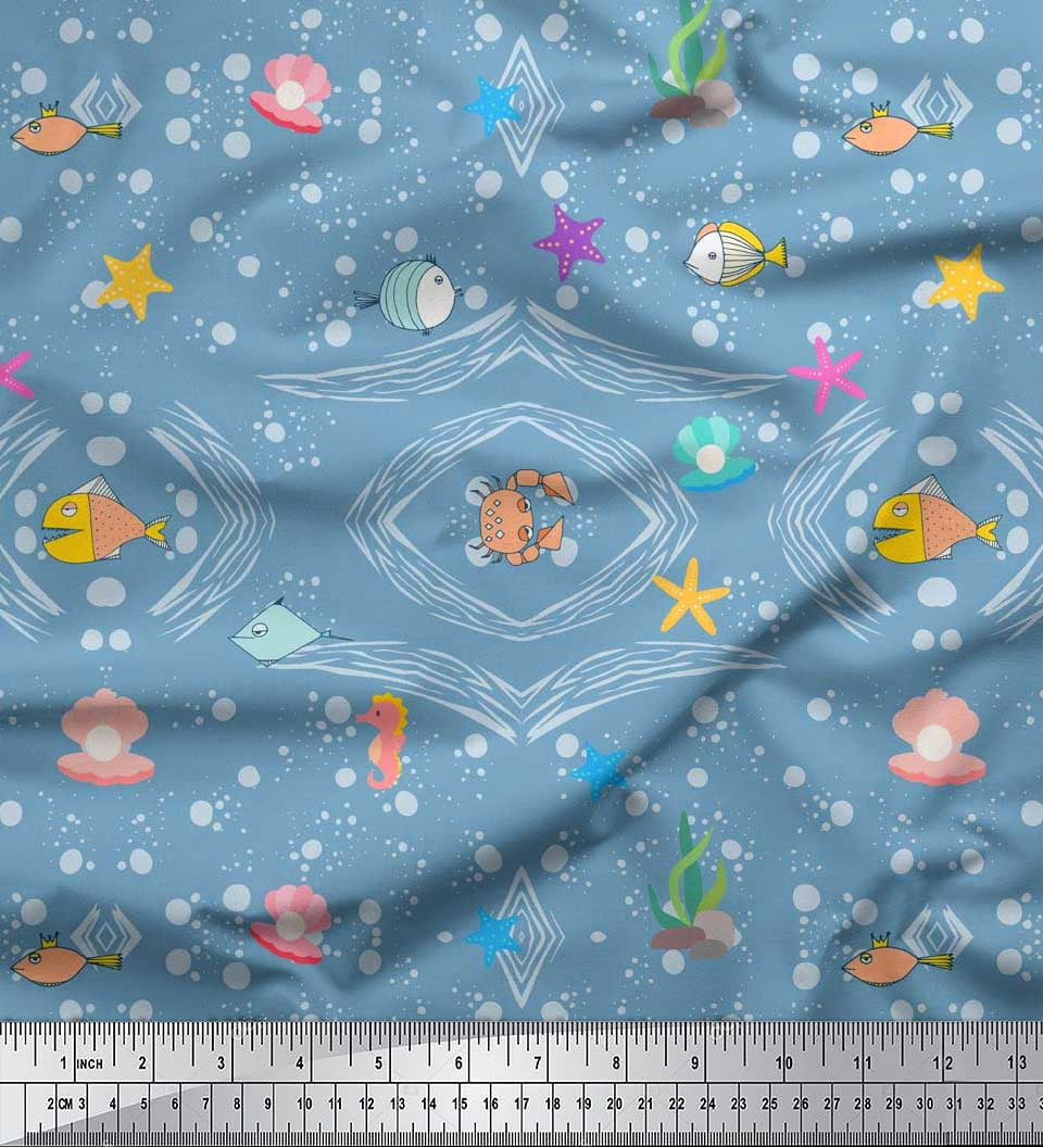 Soimoi Viscose Chiffon Fabric Fish,Shell & Starfish Ocean Print Fabric ...